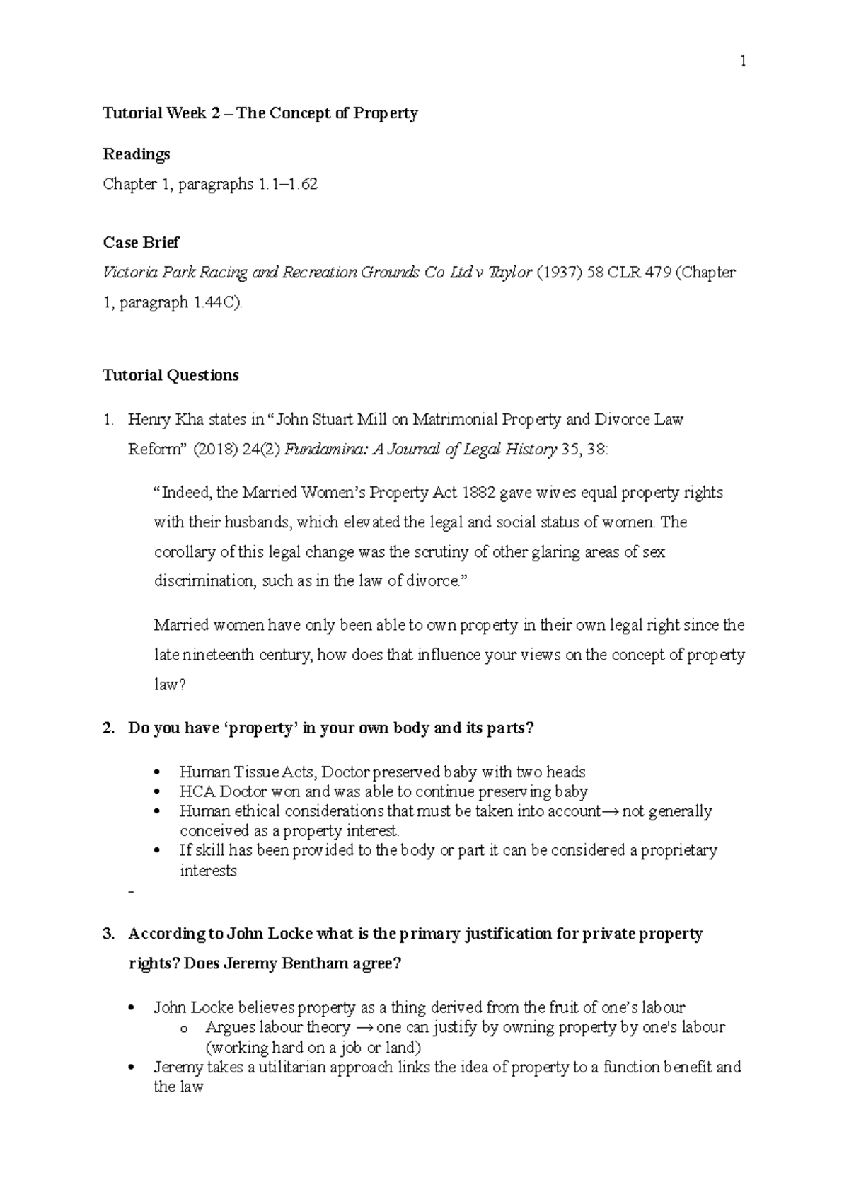 Property Law Tutorial Questions - Tutorial Week 2 – The Concept of ...