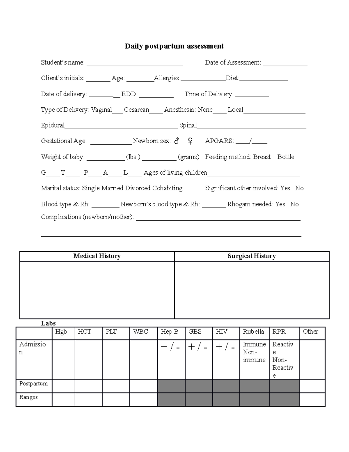 Daily postpartum assessment - Daily postpartum assessment Student’s ...
