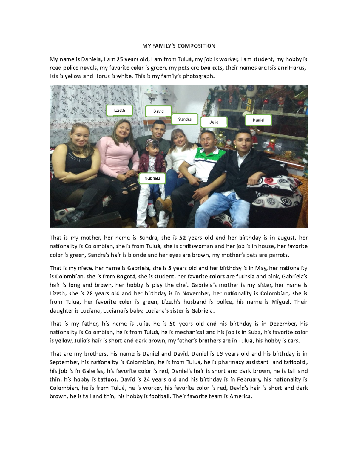 Composition - ingles - MY FAMILY’S COMPOSITION My name is Daniela, I am ...
