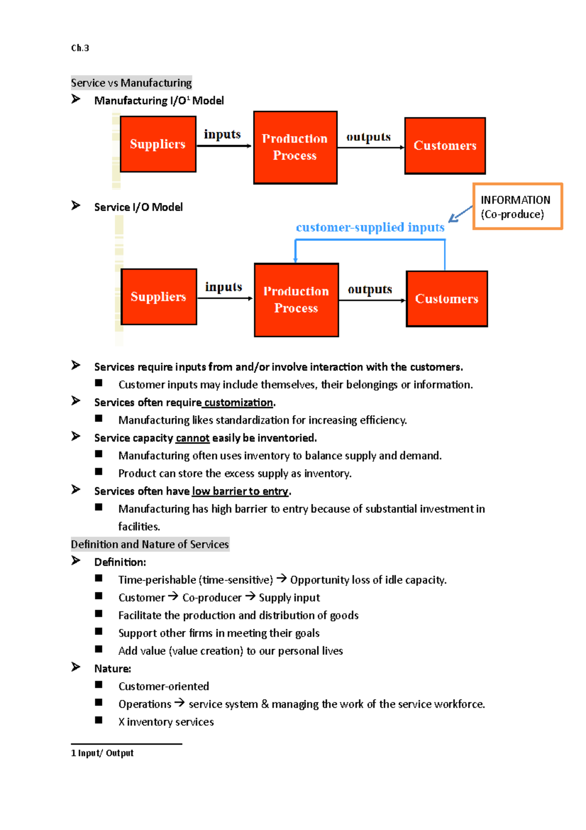 Ch. 3 - Summary Operations Management - Ch Service vs Manufacturing ...