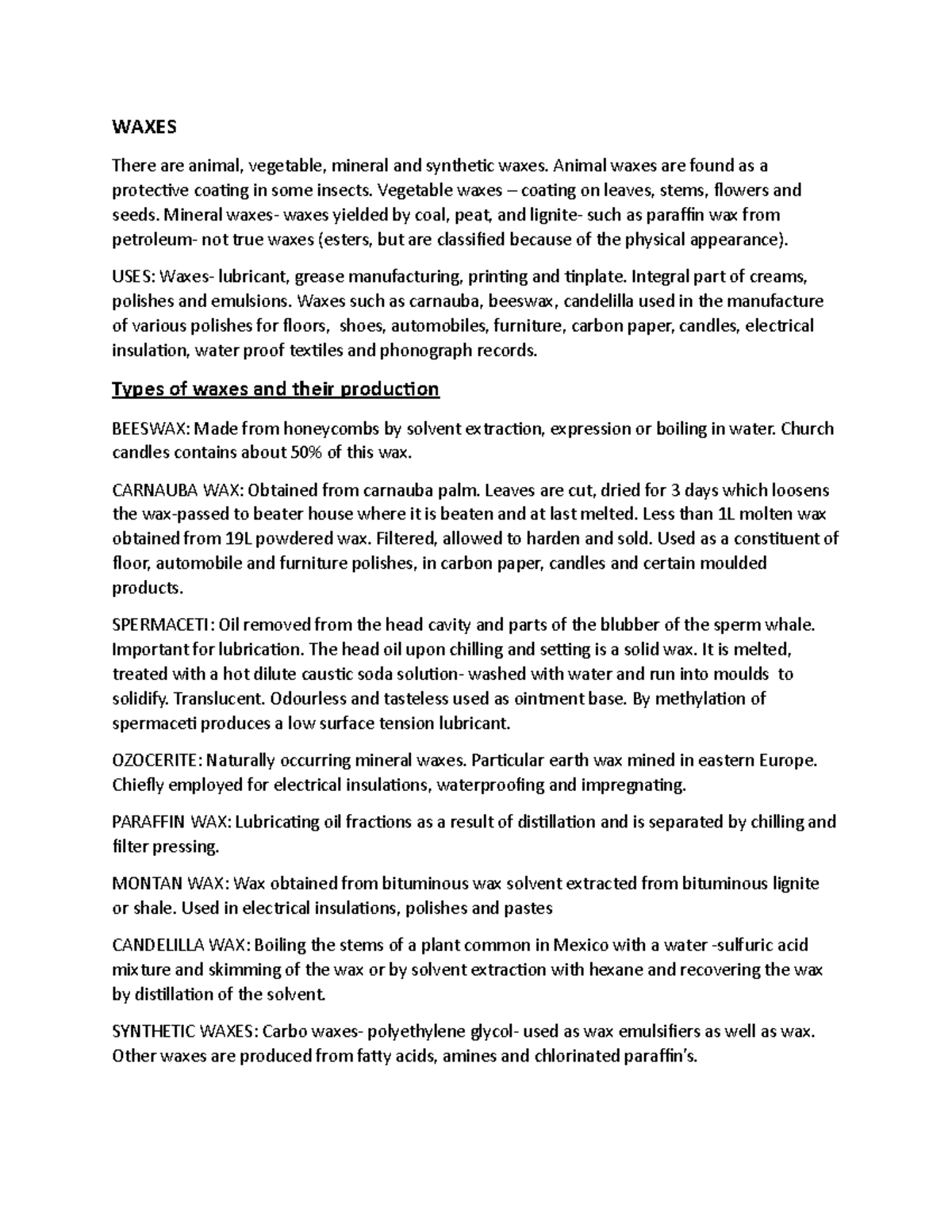 Waxes and their production - WAXES There are animal, vegetable, mineral ...