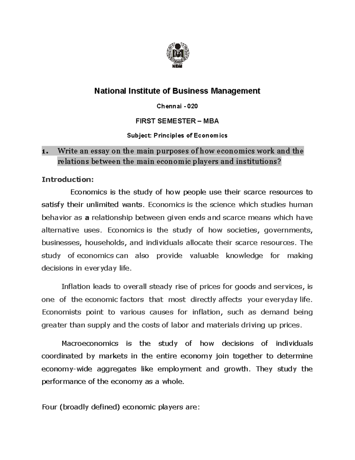 Principles of Economics - Answers - National Institute of Business ...