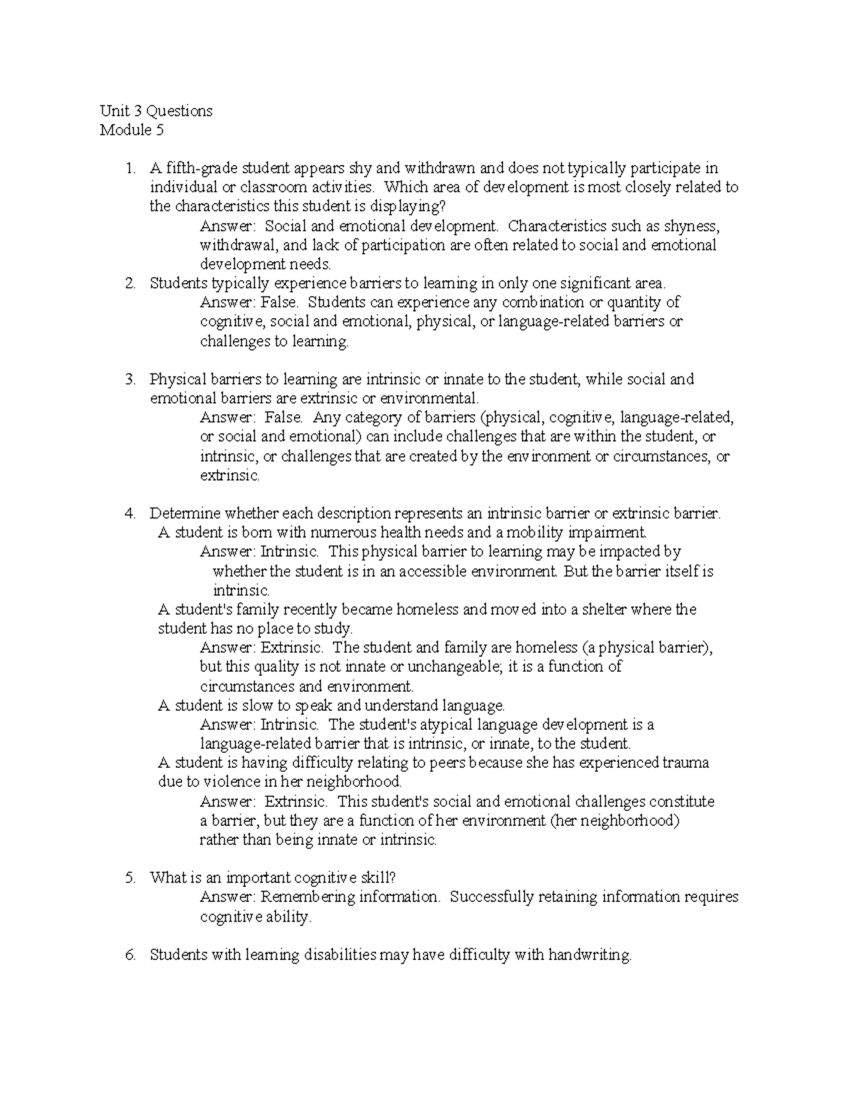 Unit 3 Module 5 Questions - Unit 3 Questions Module 5 1. A fifth-grade ...