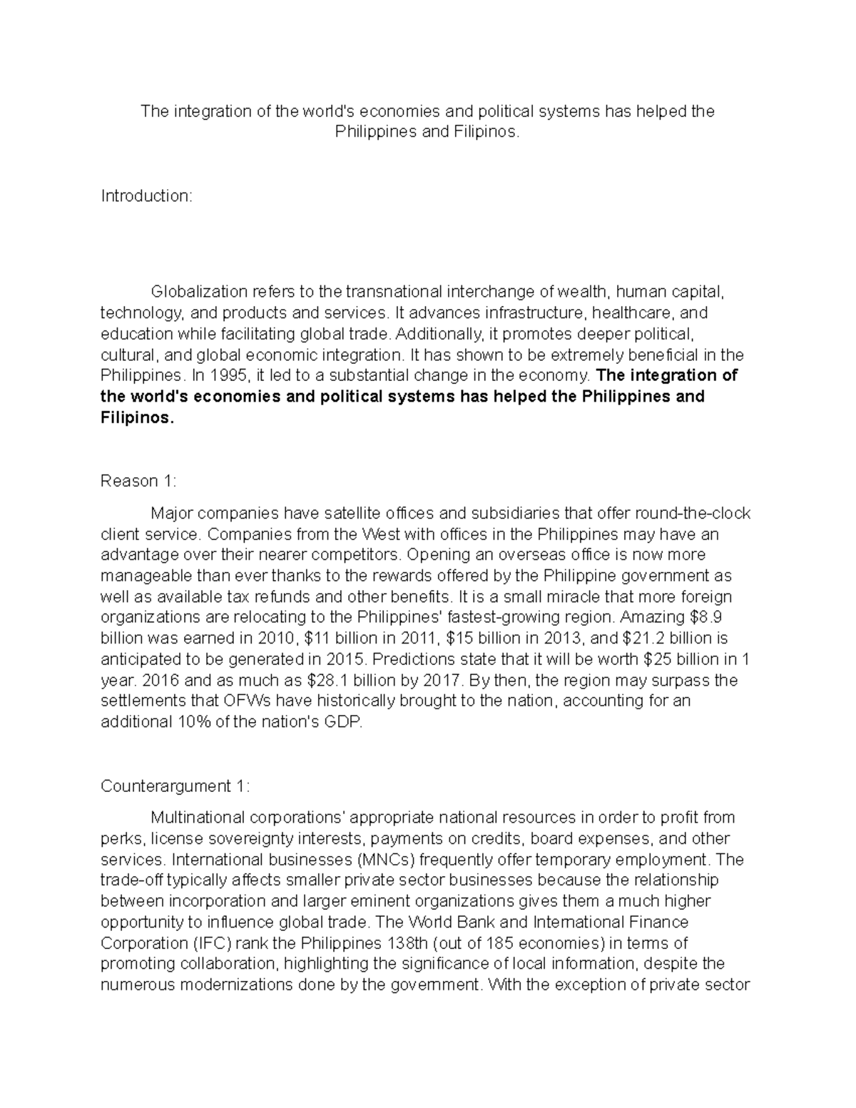 Argumentative Essay - The integration of the world's economies and ...