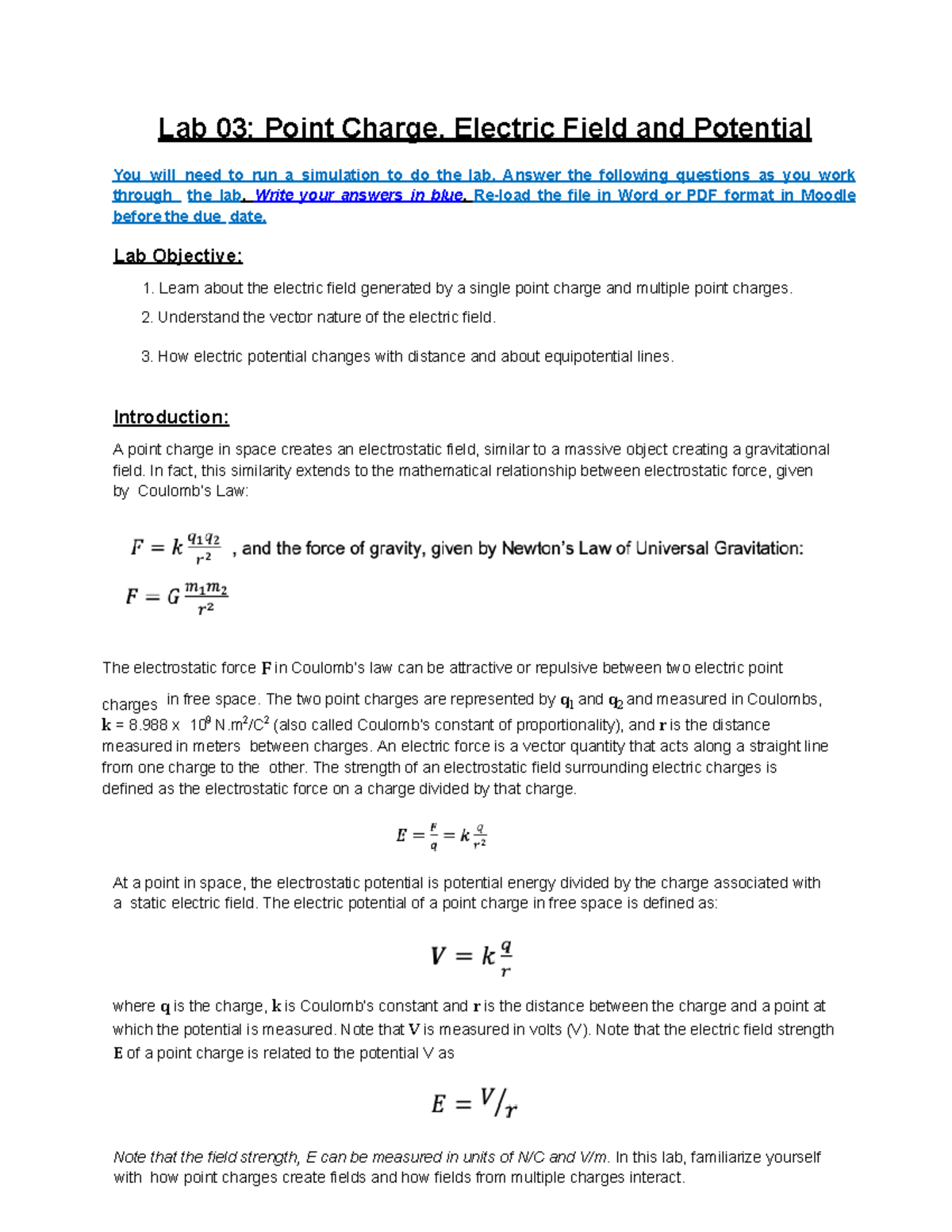 Lab 03 Force Field 2 - Lab 03: Point Charge, Electric Field and ...