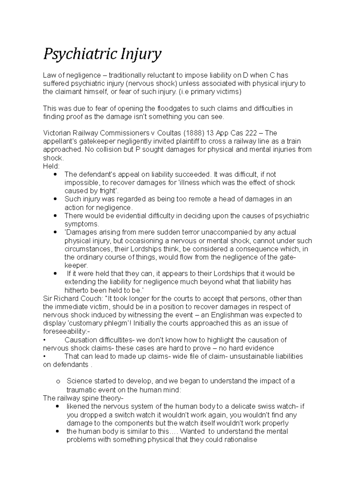 Psychiatric Injury - Psychiatric Injury Law of negligence ...