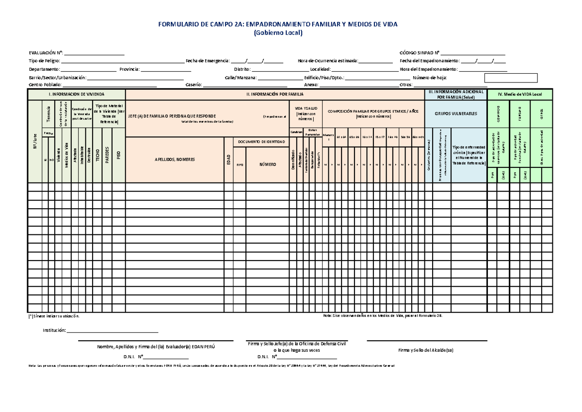 Formulario DE Campo 2A - CÓDIGO SINPAD N° ___________________________ Fecha del Empadronamiento ...