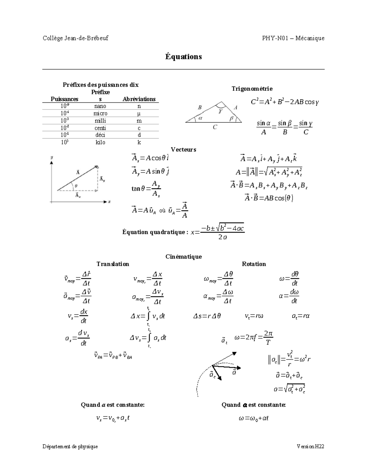Feuille de formules mecanique - ⃗at ⃗ ac a⃗ Collège Jean-de-Brébeuf PHY ...