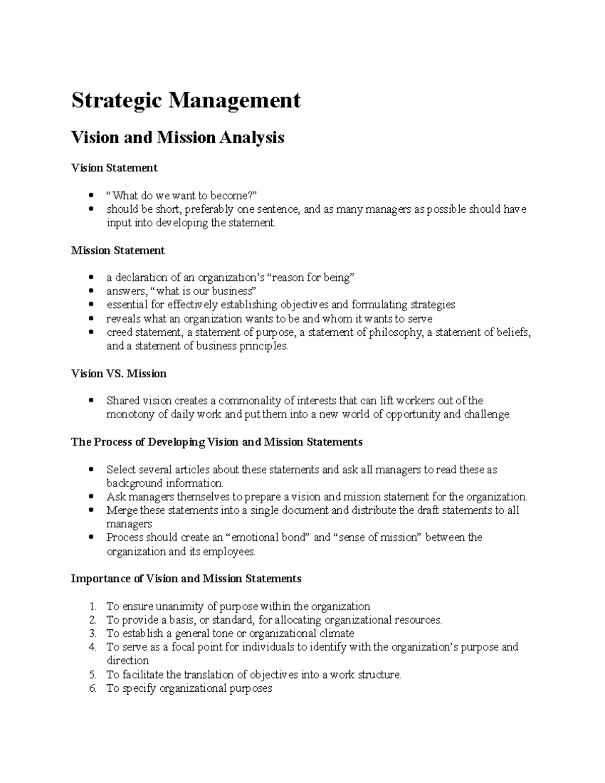 Strategic Management - Vision and Mission Analysis Notes - Strategic ...