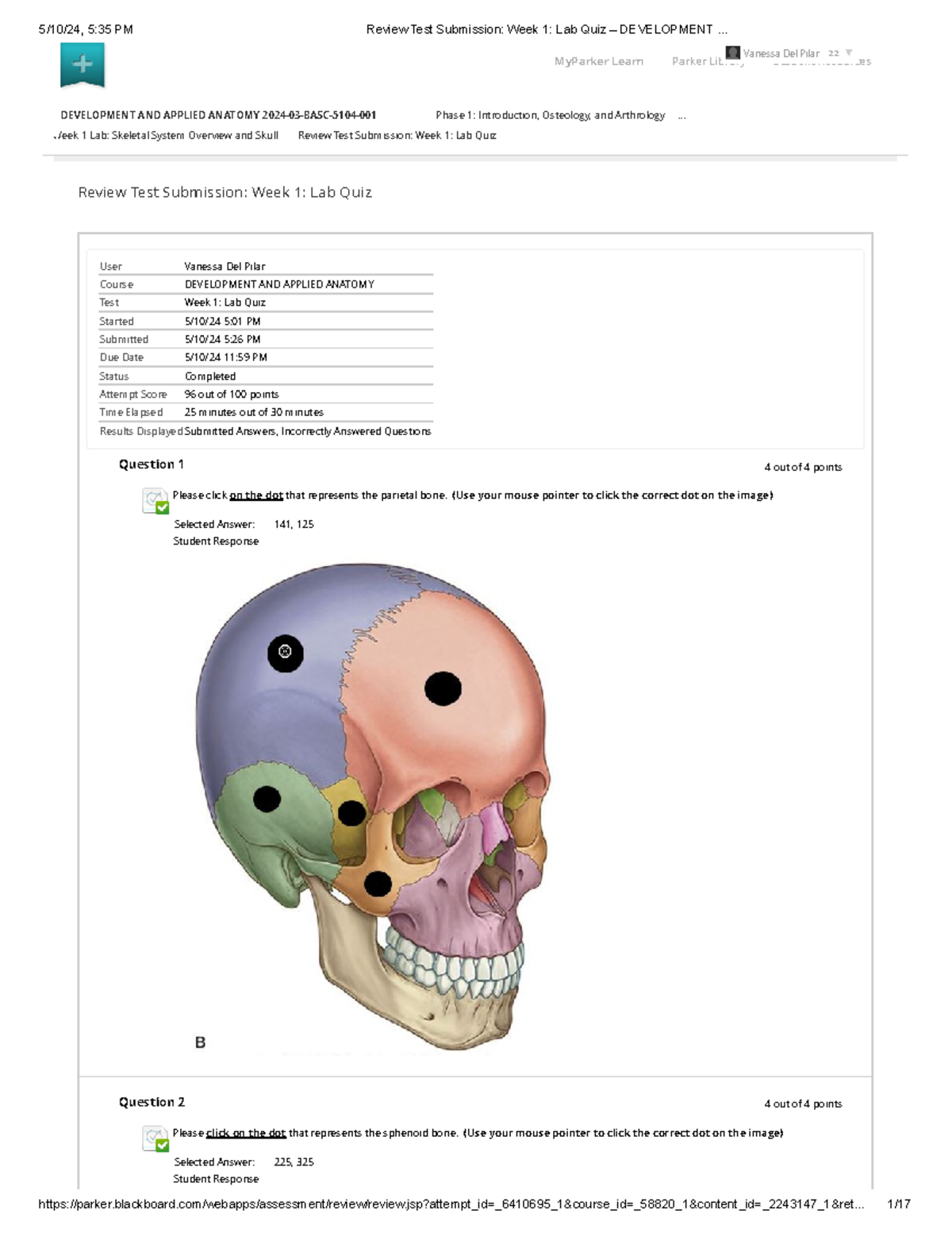 Review Test Submission Week 1 Lab Quiz - .. Week 1 Lab: Skeletal System ...