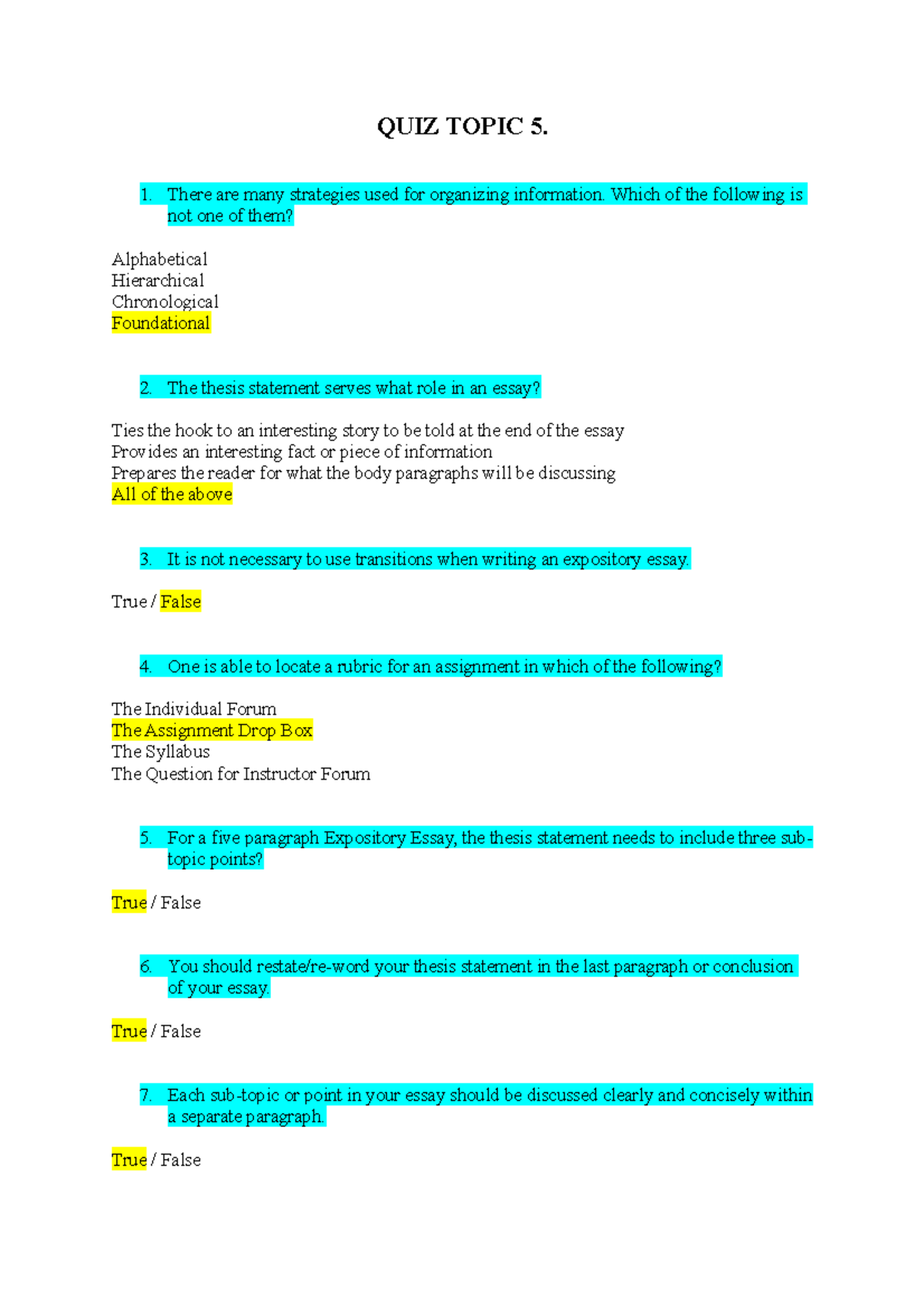 QUIZ Topic 5 QUIZ 5 QUIZ TOPIC 5 There Are Many Strategies Used