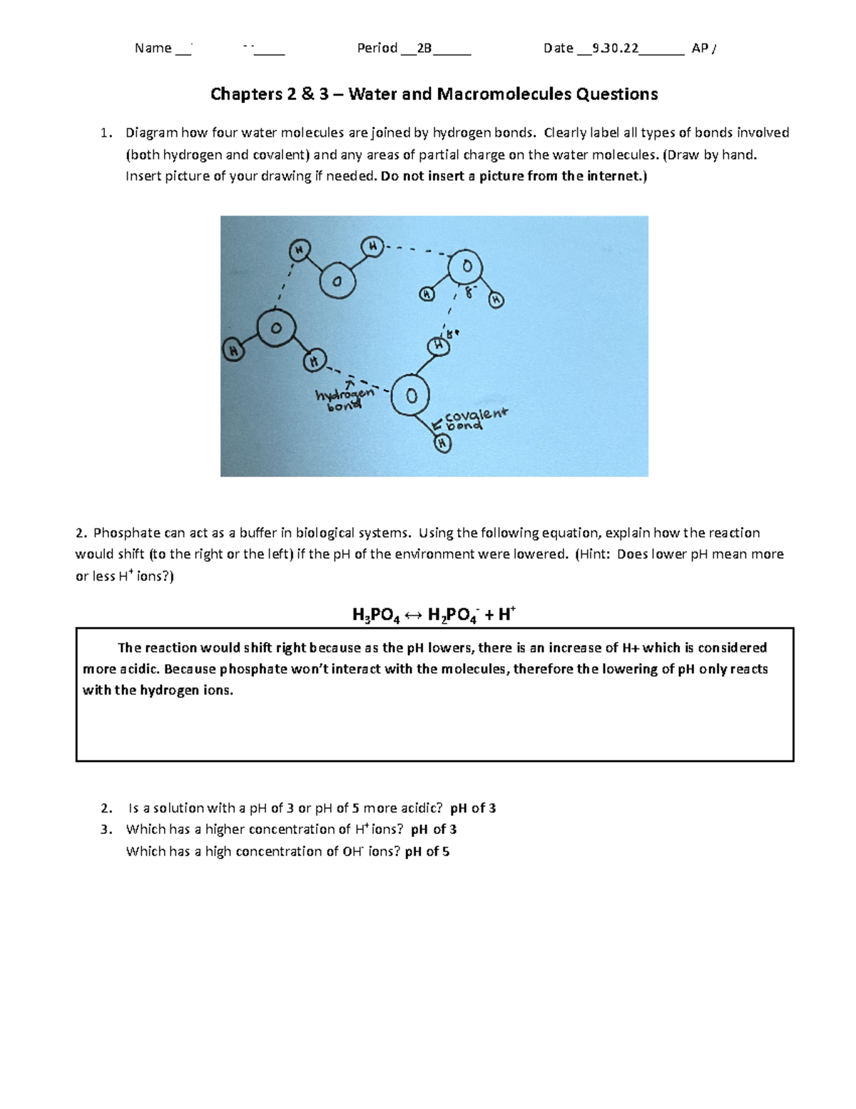 Water and Macromolecule Questions - Name Téa Driver__ Period 2B___ Date ...