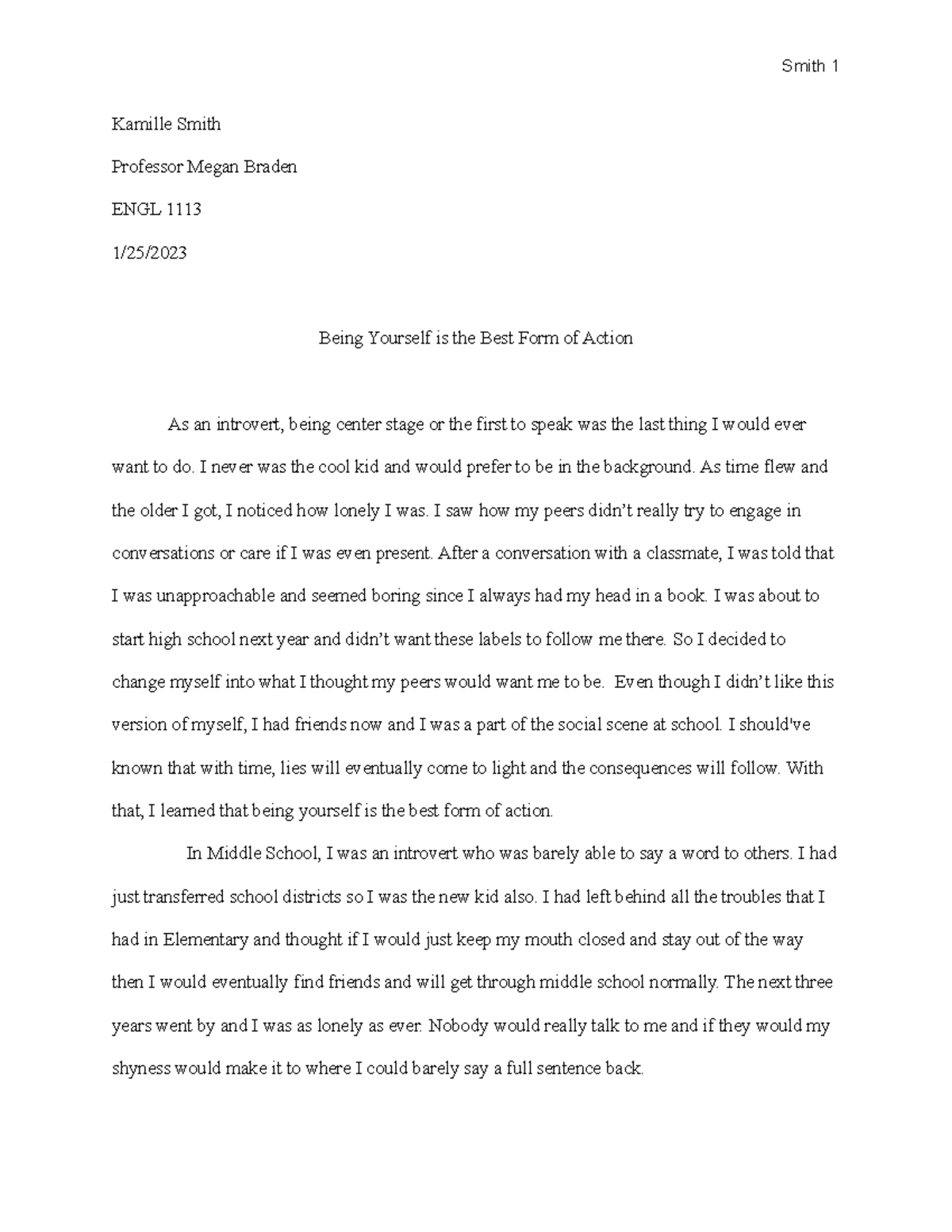 ENGL 1113 Narrative Essay Rough Draft - Smith 1 Kamille Smith Professor ...