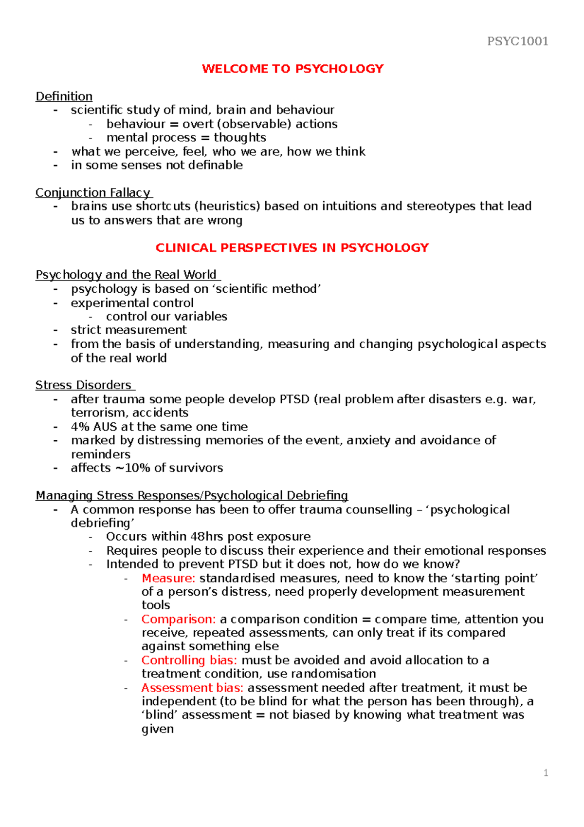 PSYC1001-Notes - Notes - WELCOME TO PSYCHOLOGY Definition - scientific ...