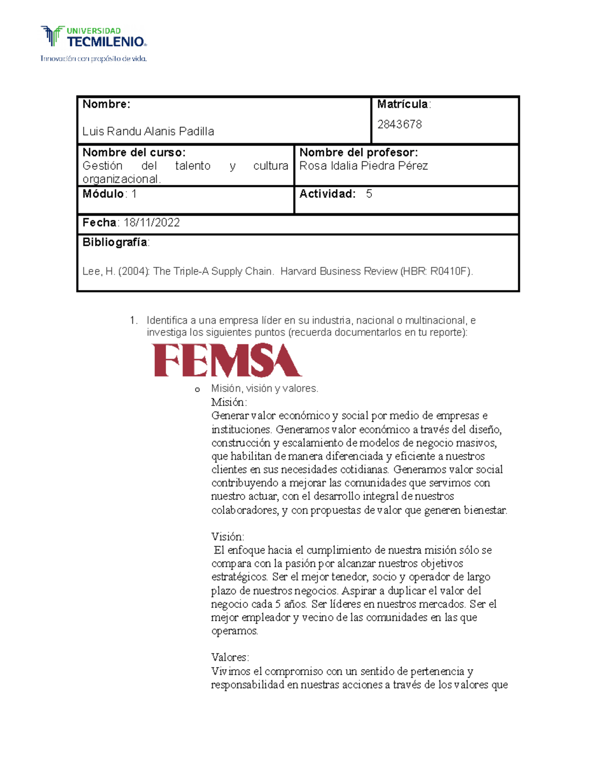 Actividad 5. - Gestión del talento y cultura organizacional. - Nombre ...