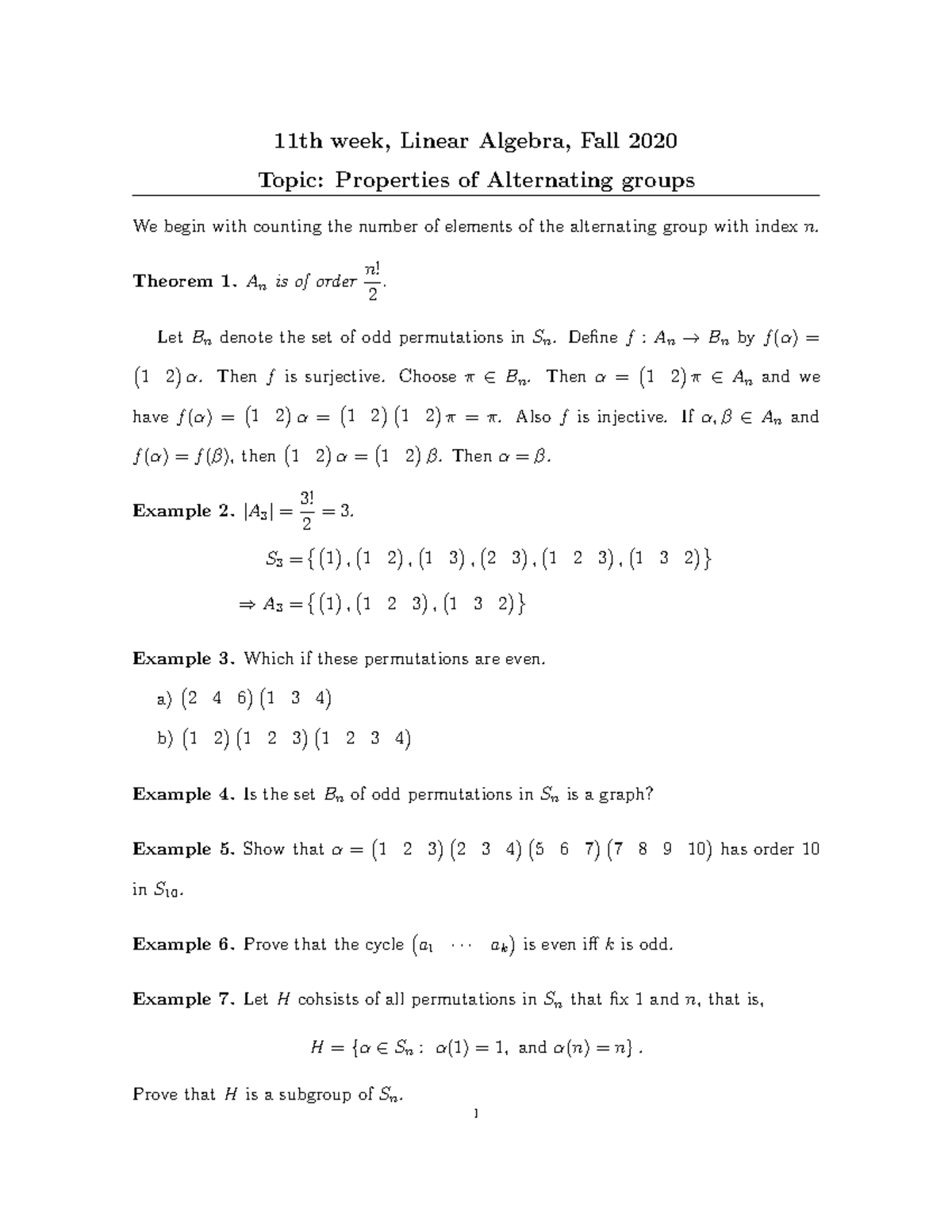 Week11 - Properties of Alternating groups - 11th week, Linear Algebra ...