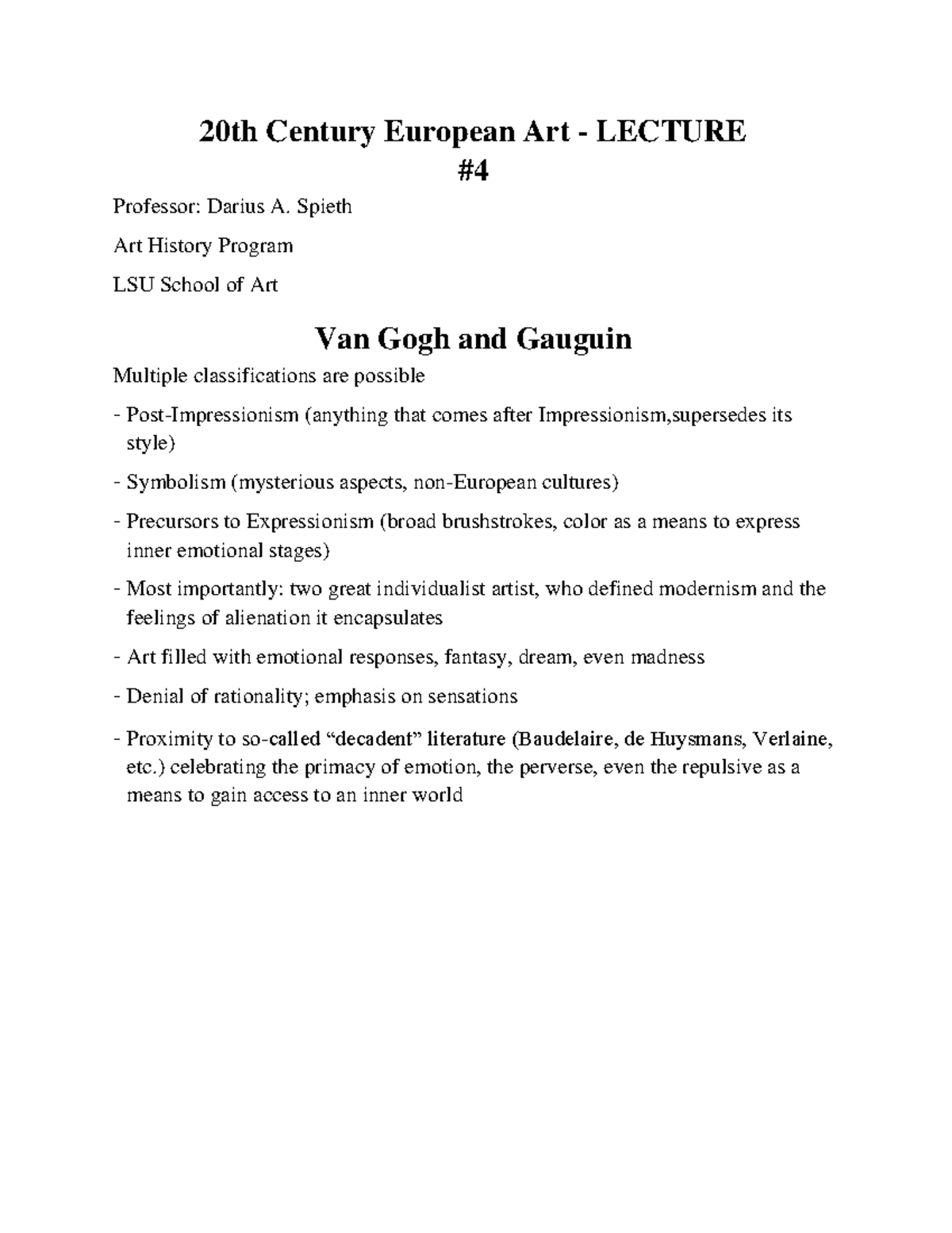 ARTH 4451 Lectures Notes DR. Spieth 4-6 - 20th Century European Art ...