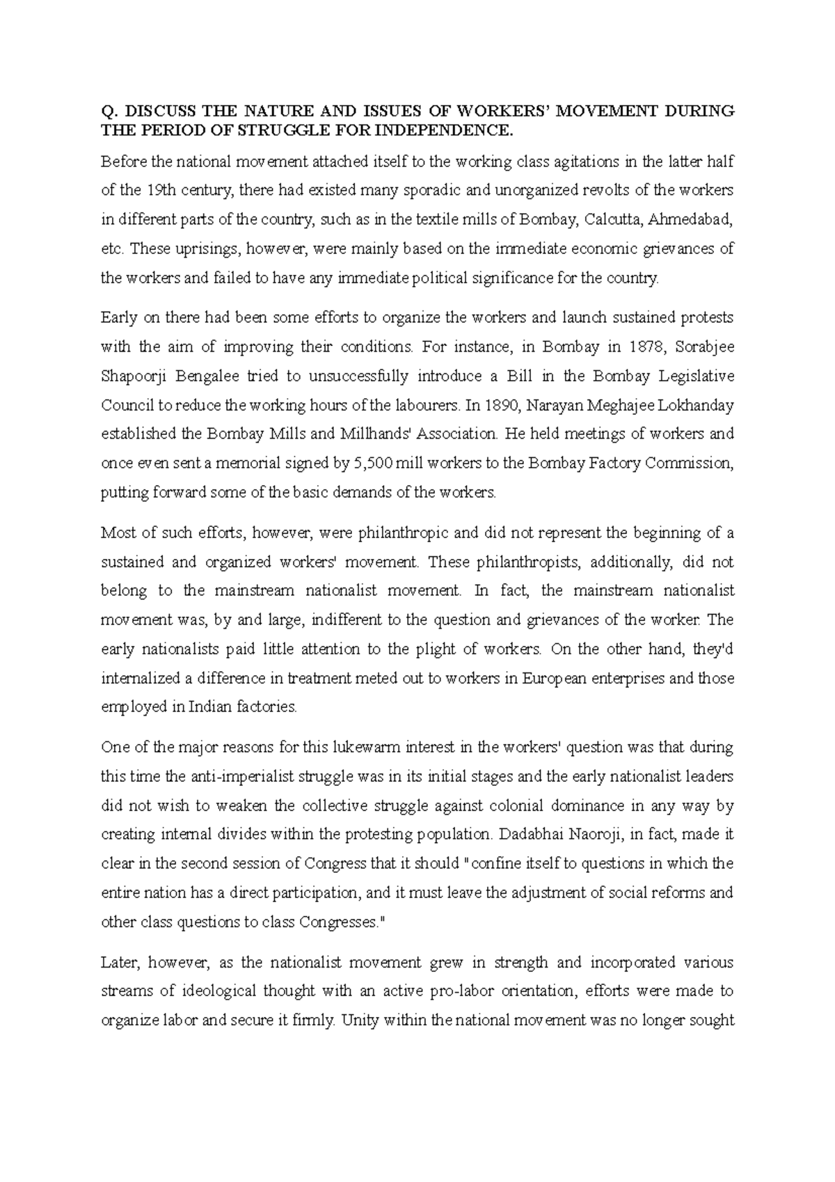 Workers' Movement - Q. DISCUSS THE NATURE AND ISSUES OF WORKERS ...