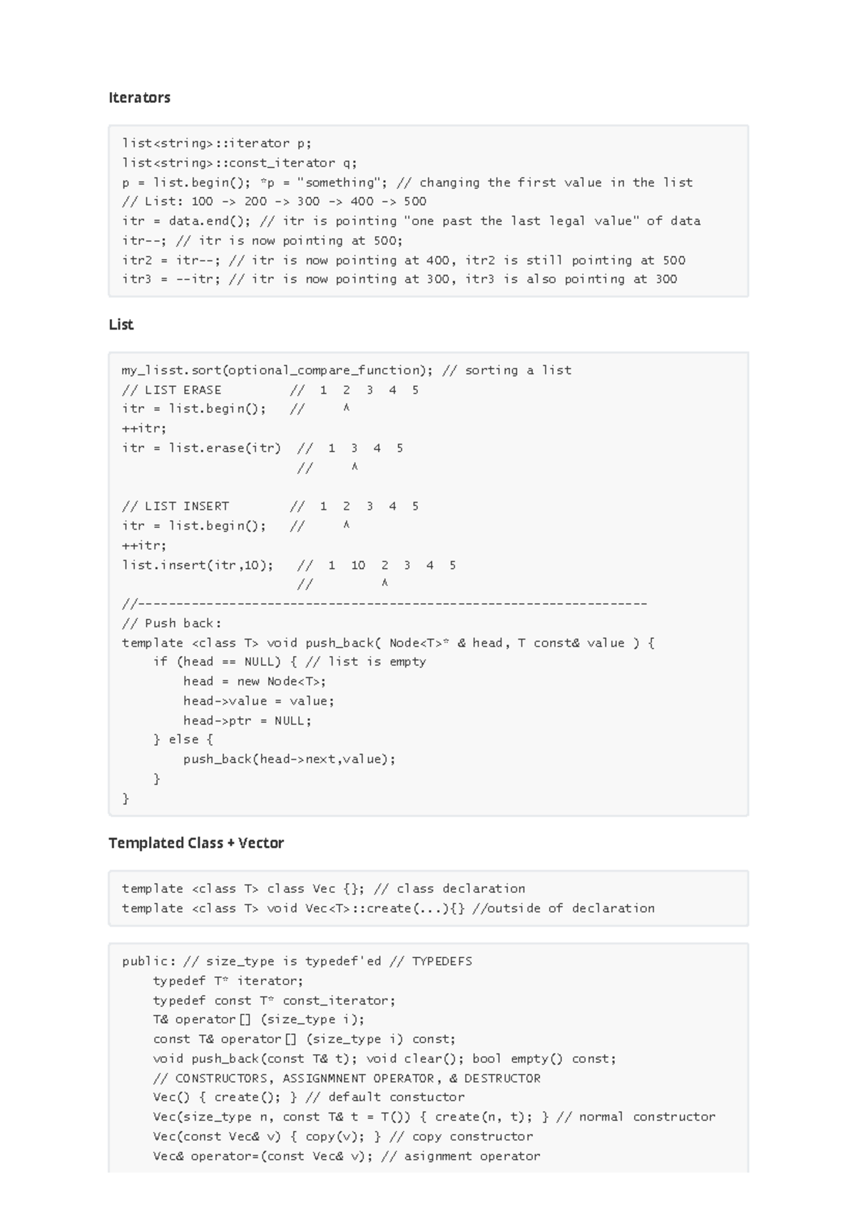 Data Structure Cribsheet for Exam 1 - Iterators List Templated Class + Vector list::iterator p ...
