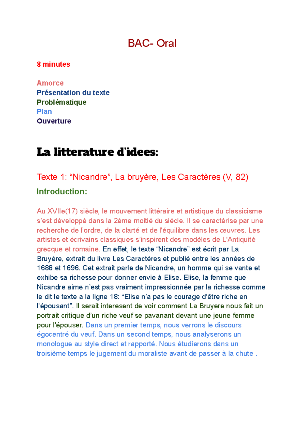 Bac - oral - fiche d'oral - BAC- Oral 8 minutes Amorce Présentation du ...