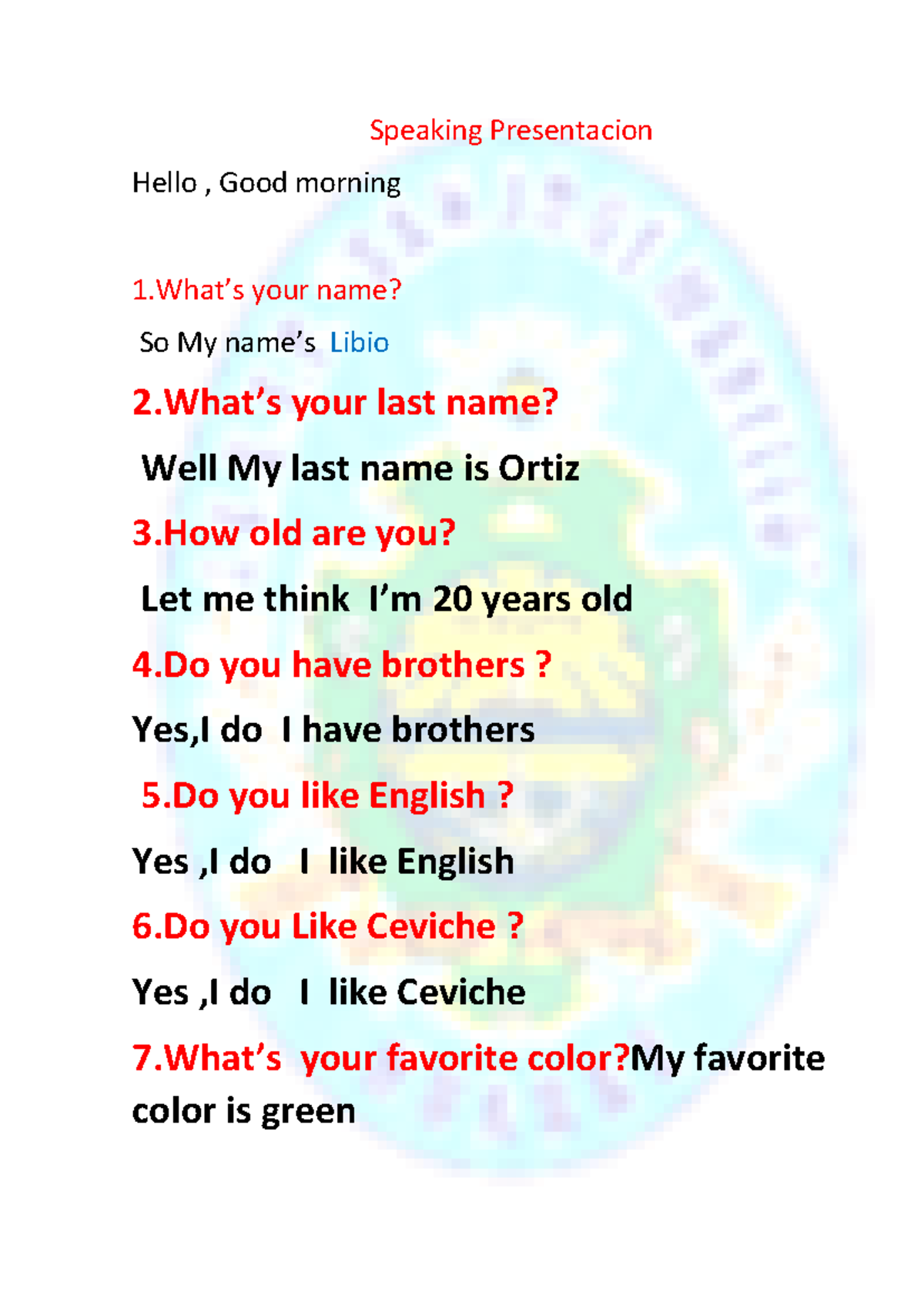 Avance Trabajo Final - Speaking Presentacion Hello , Good morning 1’s your name? So My name’s ...