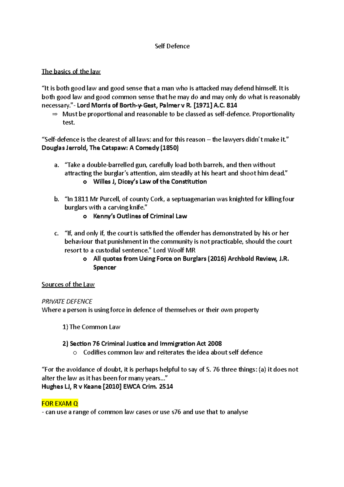 Self Defence - Lecture notes 9 - Self Defence The basics of the law “It ...