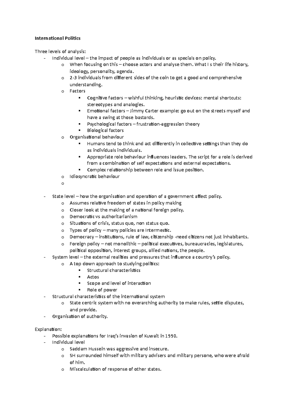 International poltics analysis - International Politics Three levels of ...