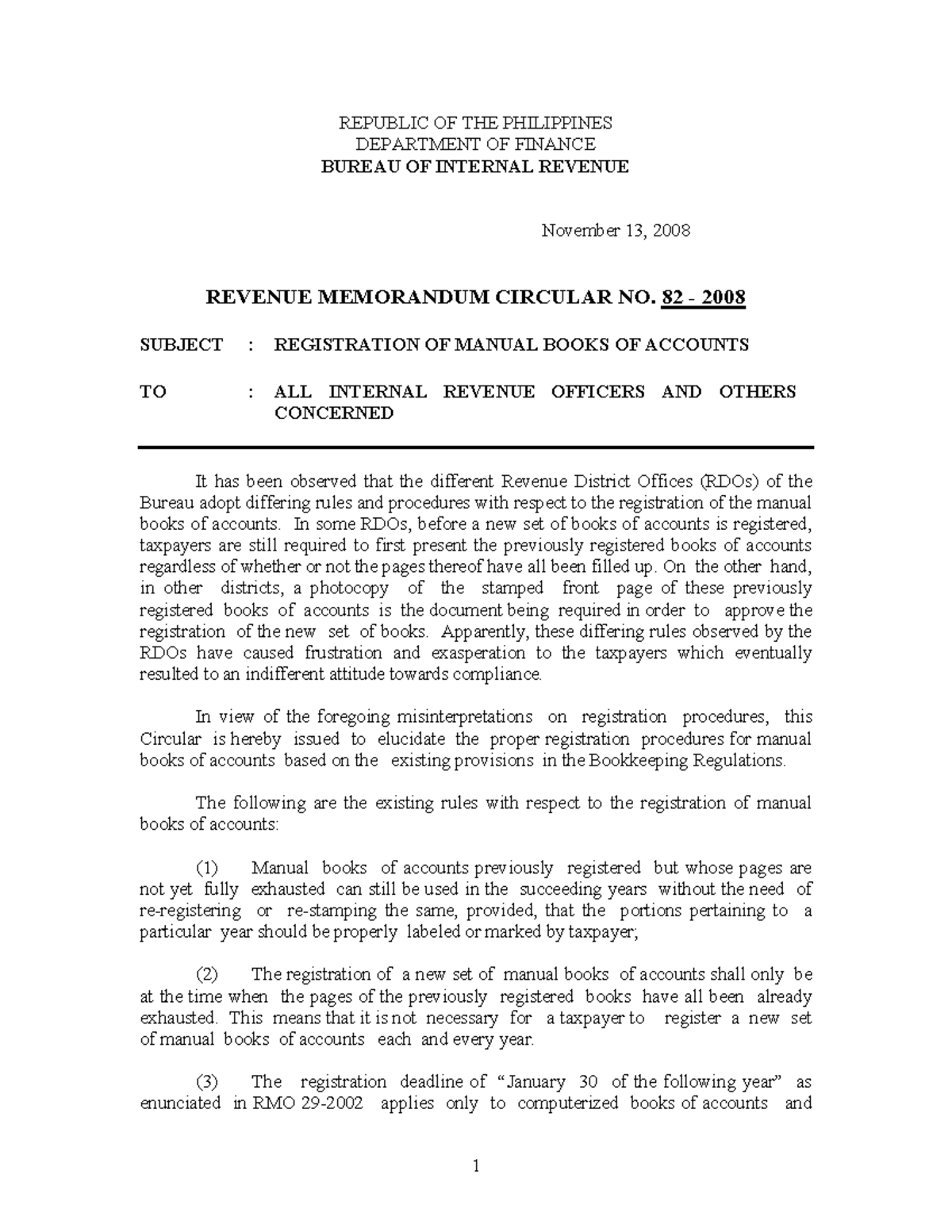 RMC No. 82-2008 - 1 REPUBLIC OF THE PHILIPPINES DEPARTMENT OF FINANCE BUREAU OF INTERNAL REVENUE ...