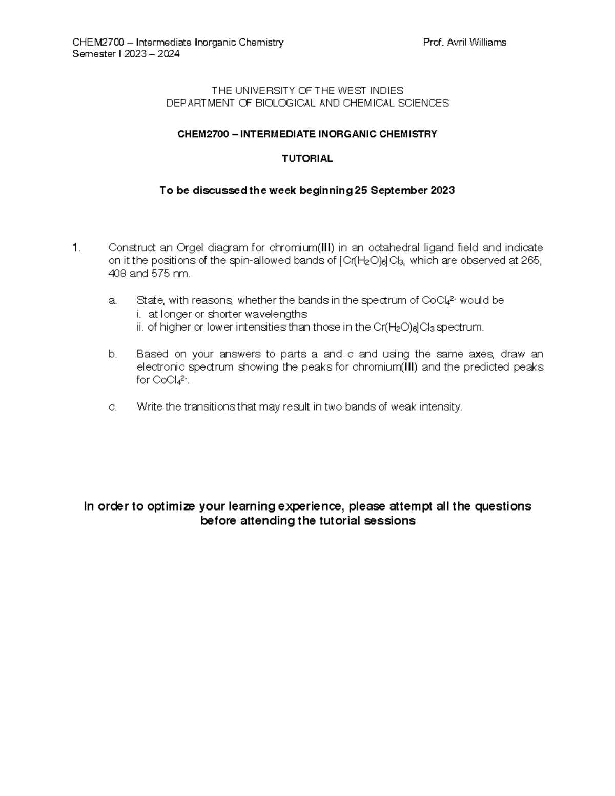 CHEM2700 Tutorial 25 September 2023 - CHEM2700 – Intermediate Inorganic ...