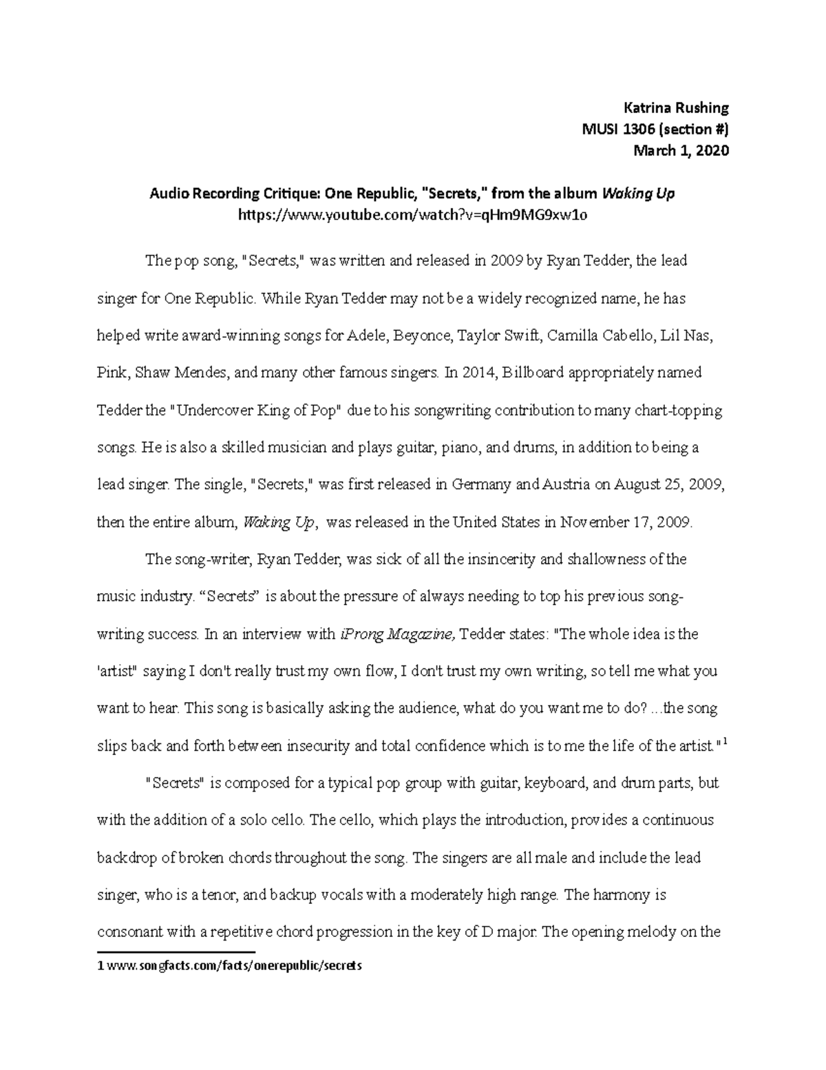 Audio Recording Example (Secrets) - Katrina Rushing MUSI 1306 (section ...