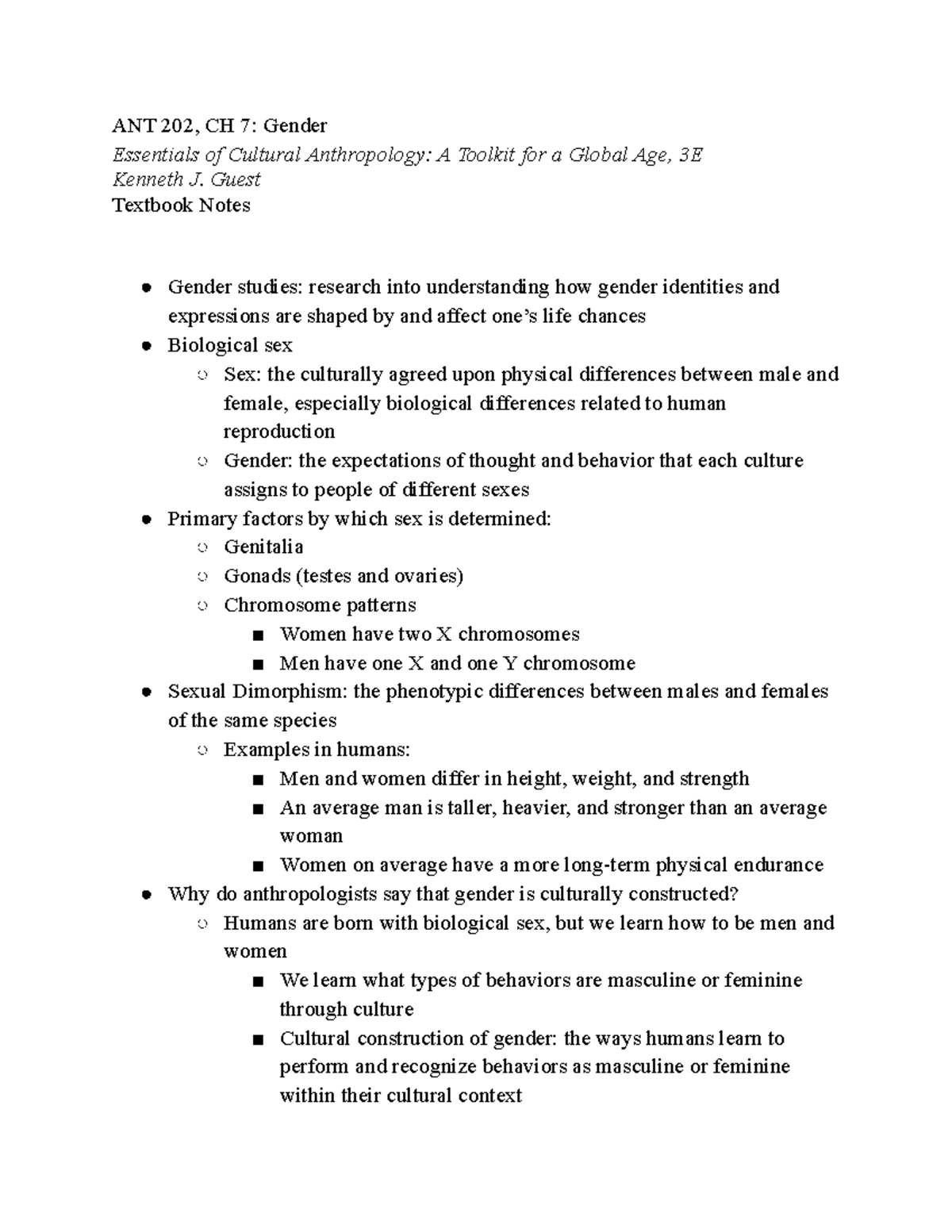 ANT 202, CH 7 Gender - Detailed textbook chapter outline and notes for ...