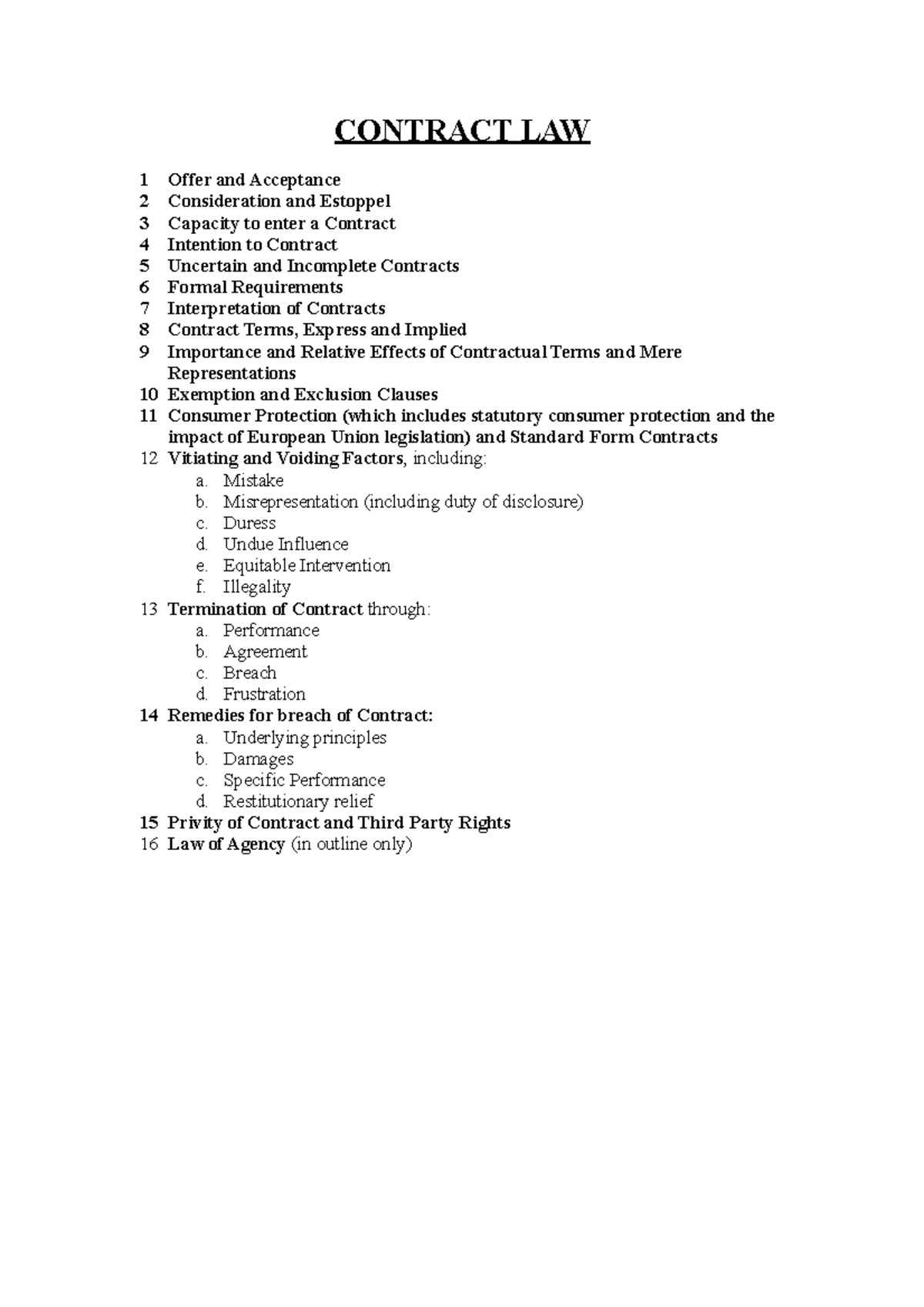 FE1 Syllabus - XXX - CONTRACT LAW 1 Offer and Acceptance 2 ...