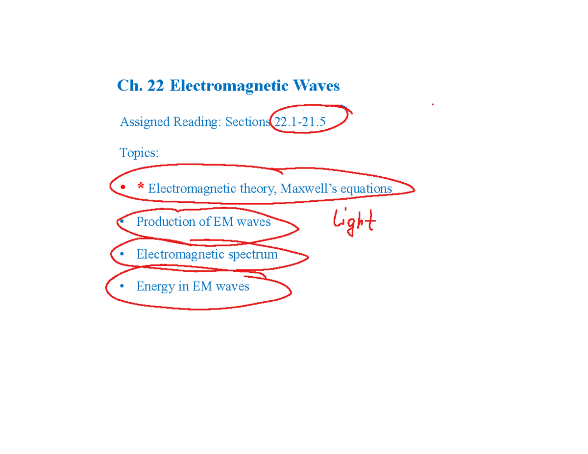 Ch 22 Lecture Notes Slides - Ch. 22 Electromagnetic Waves Assigned ...