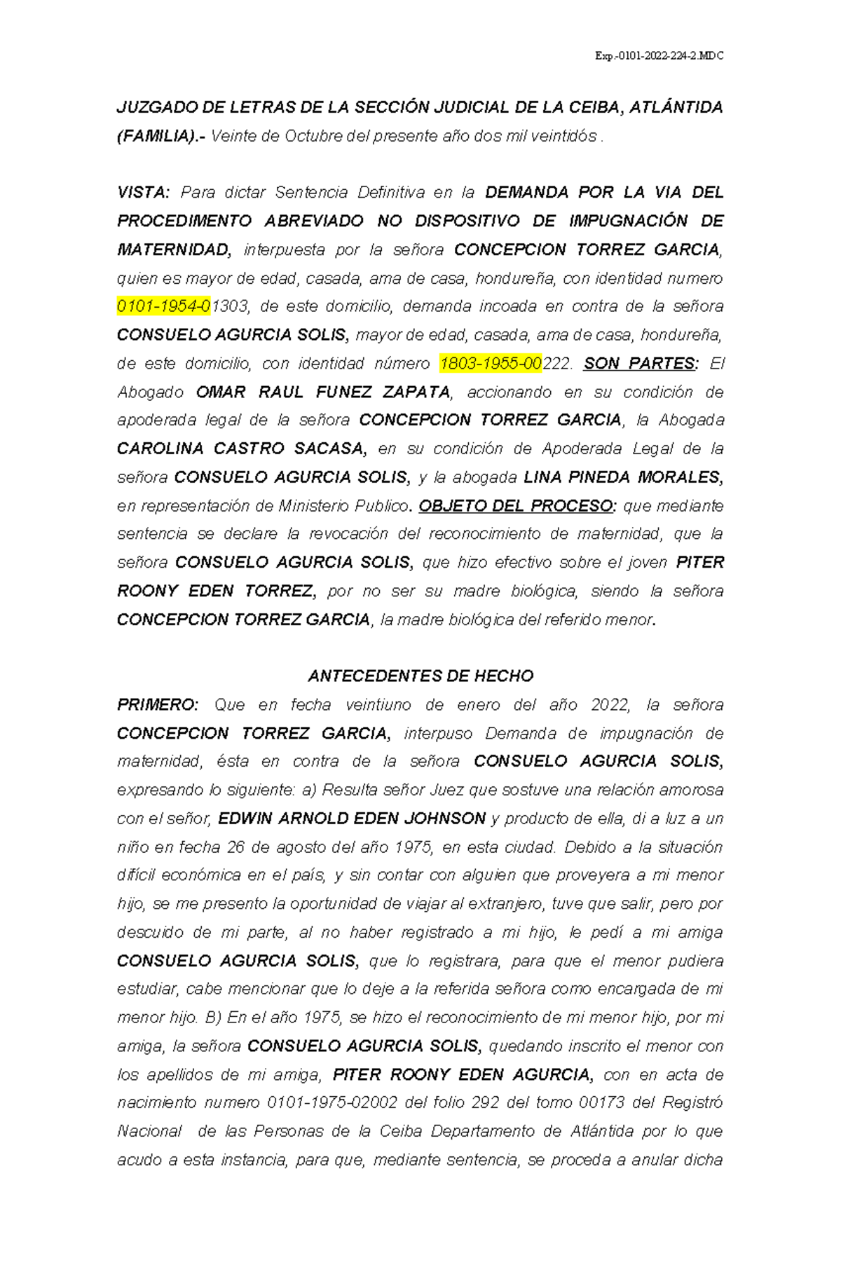 Sentencia Impugnación DE Maternidad EXP. 35-15 CON Lugar Peter EDEN ...