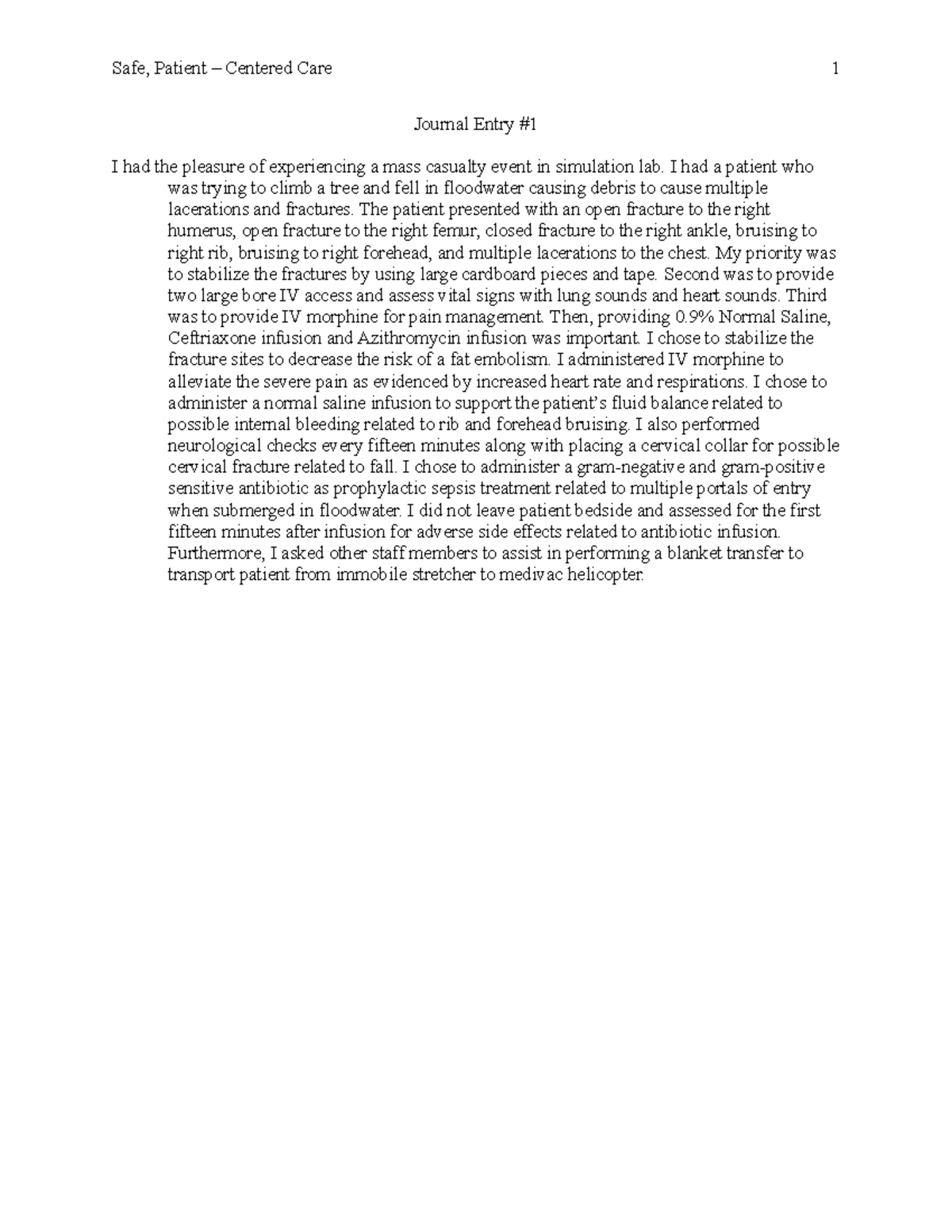 Journal One - Safe, Patient – Centered Care 1 Journal Entry # I had the ...