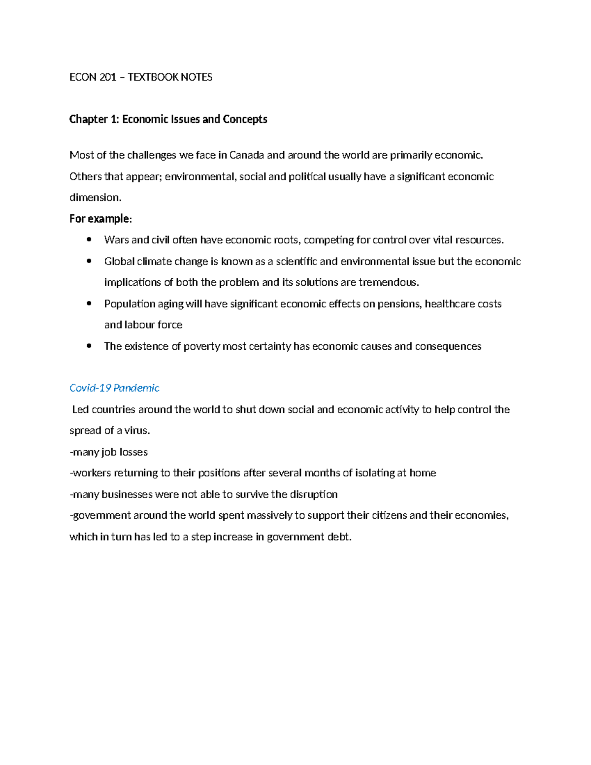 ECON 201 notes - ECON 201 – TEXTBOOK NOTES Chapter 1: Economic Issues ...