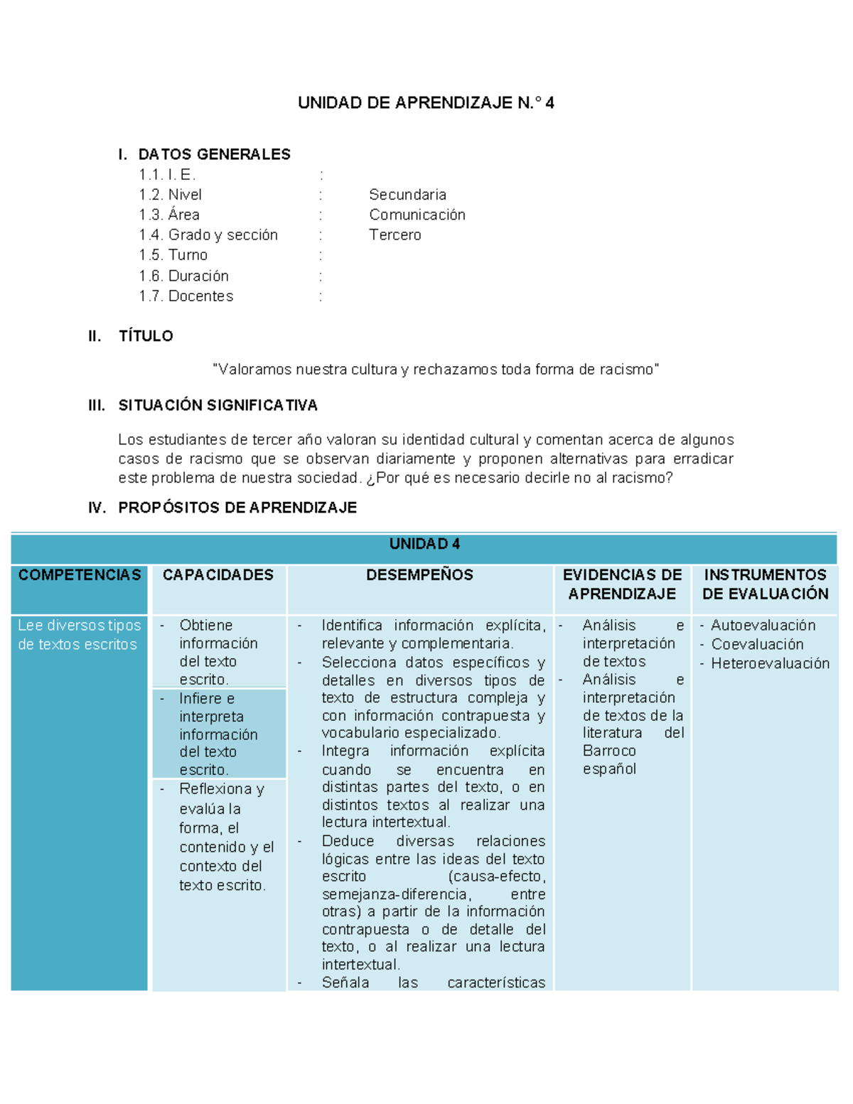 3S COM Unidad de aprendizaje 4 2023 - UNIDAD DE APRENDIZAJE N.° 4 I. DATOS GENERALES 1. I. E ...