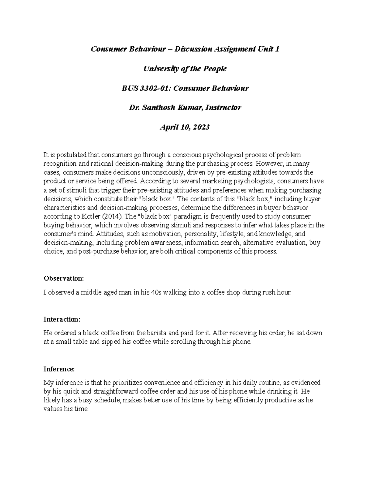 D-01 - D-01 - Consumer Behaviour – Discussion Assignment Unit 1 ...