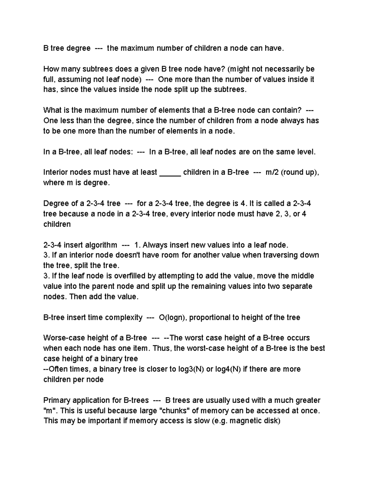 CS400 Week 10 Summary - B tree degree - the maximum number of children a node can have. How many ...