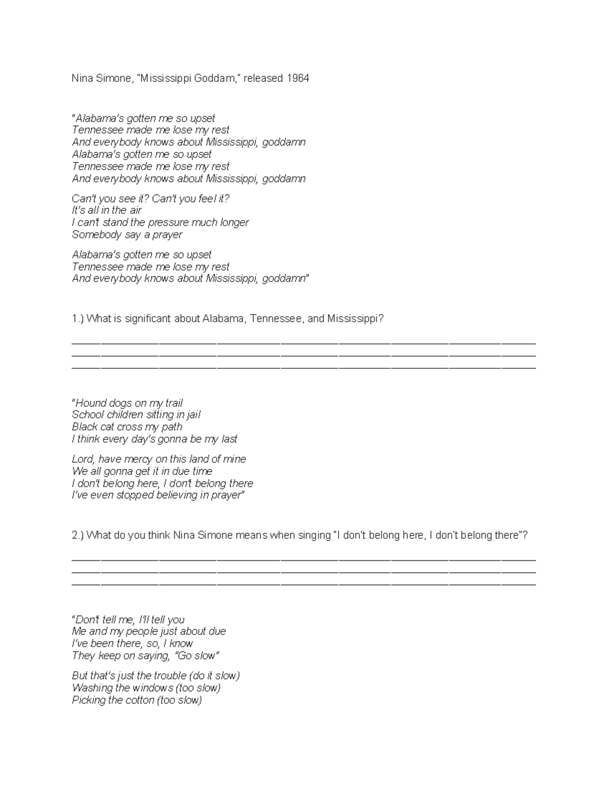 Nina Simone Questions - Nina Simone, “Mississippi Goddam,” released ...