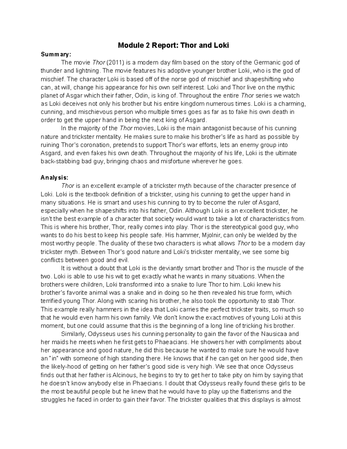 Module 2 Report - Travis - Module 2 Report: Thor and Loki Summary: The ...
