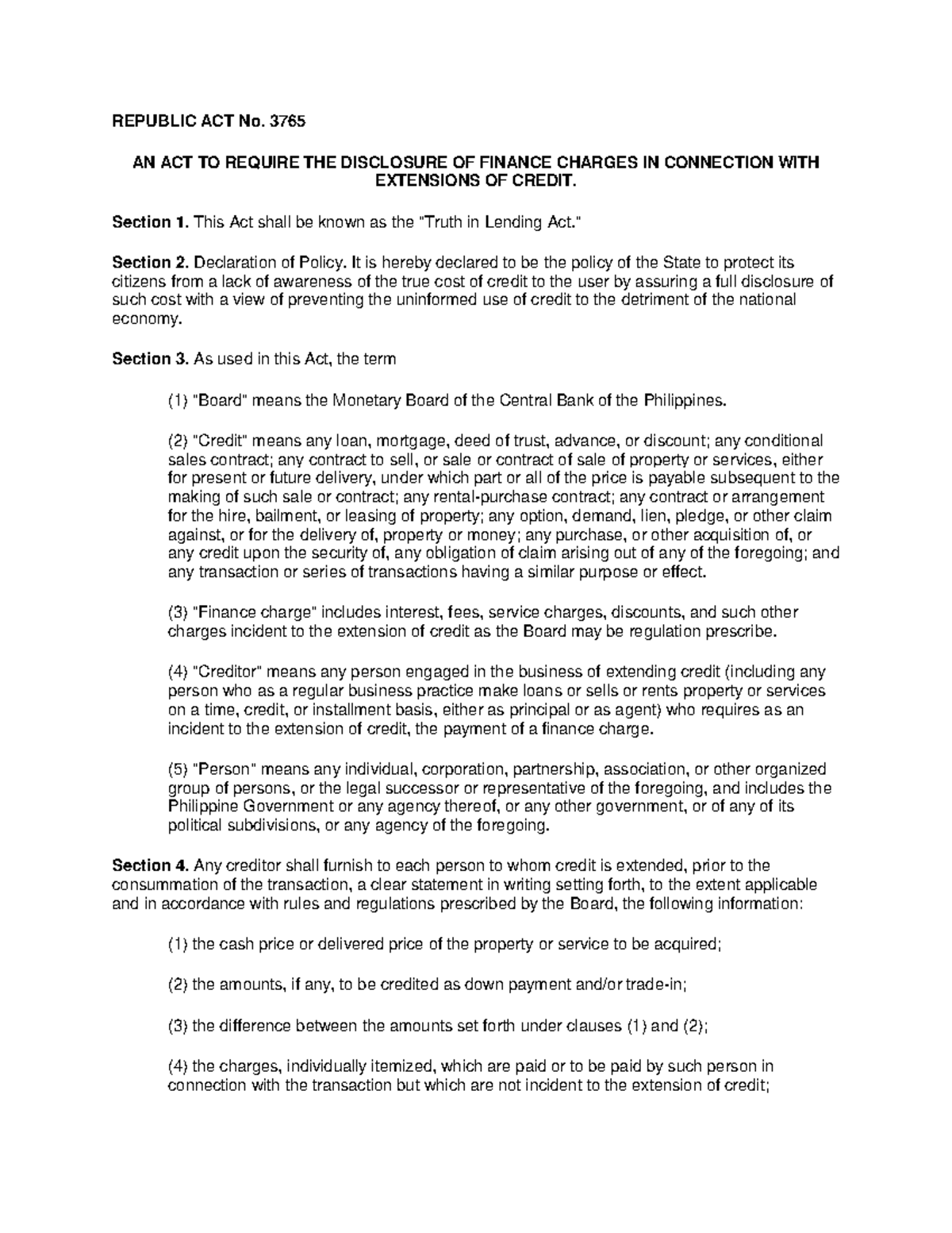 1963Law RA3765 - RA 3765 - REPUBLIC ACT No. 3765 AN ACT TO REQUIRE THE ...