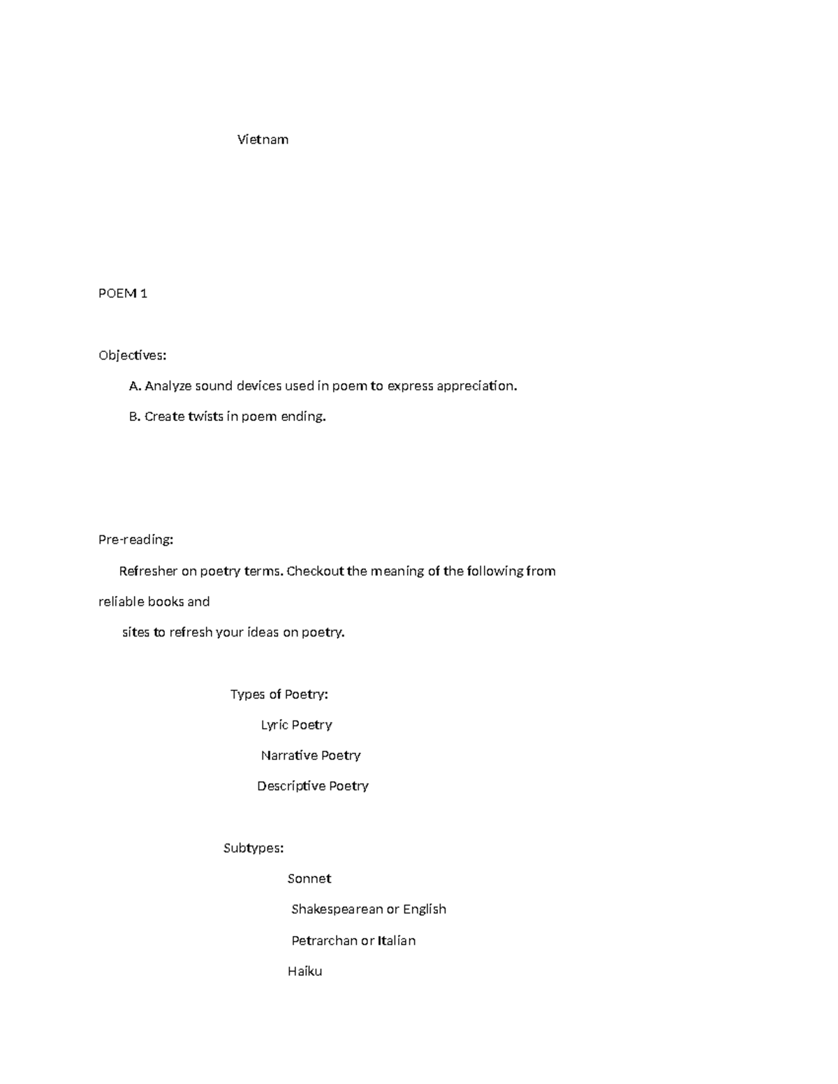 Vietnam 1 - LECTURE NOTES - Vietnam POEM 1 Objec琀椀ves: A. Analyze sound ...