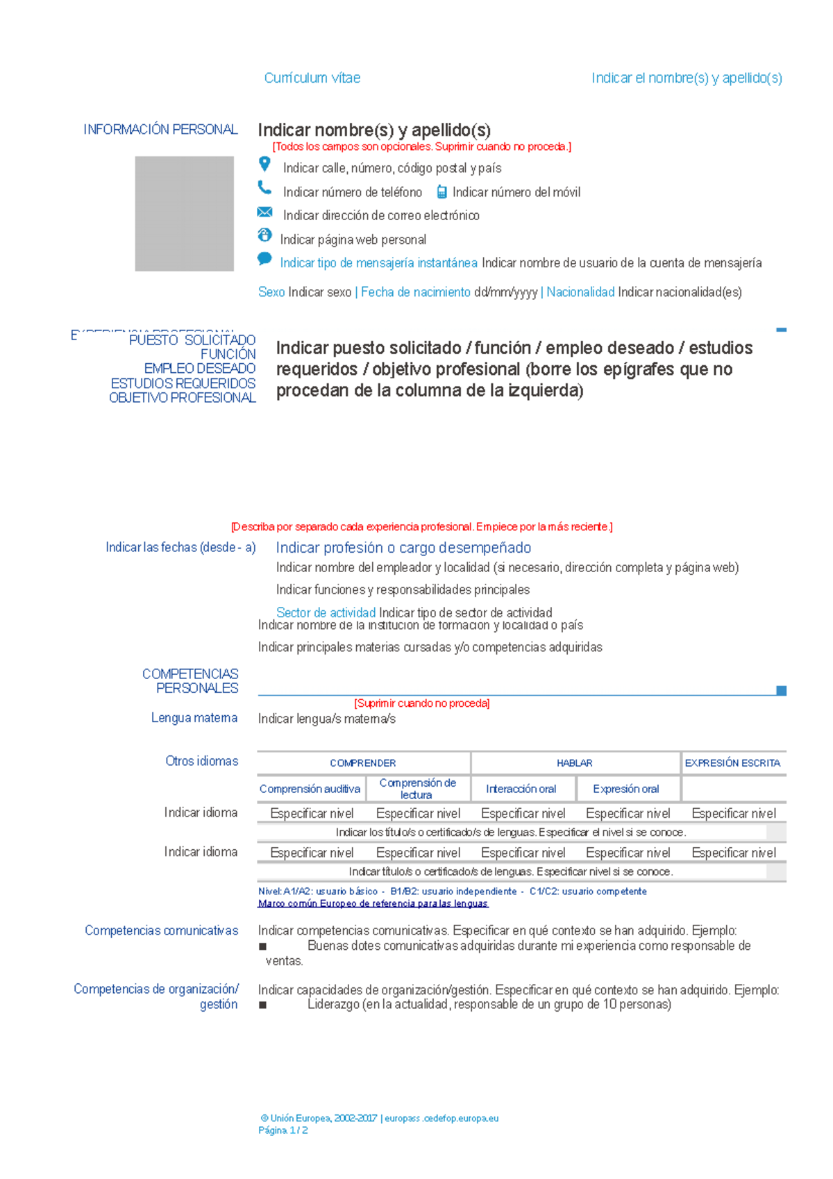 Plantilla-Europass - For erasmus - Currículum vítae Indicar el nombre(s ...
