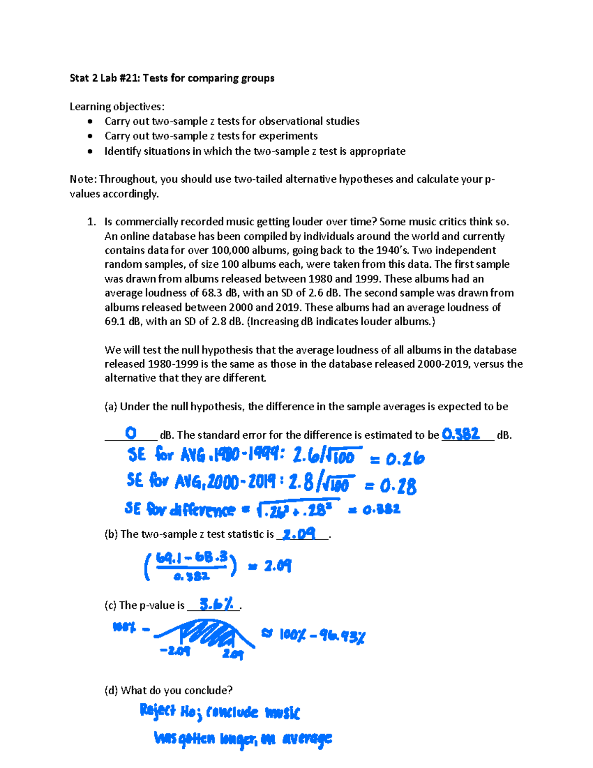Stat2Lab21 - Stat 2 Lab # 21 : Tests for comparing groups Learning ...