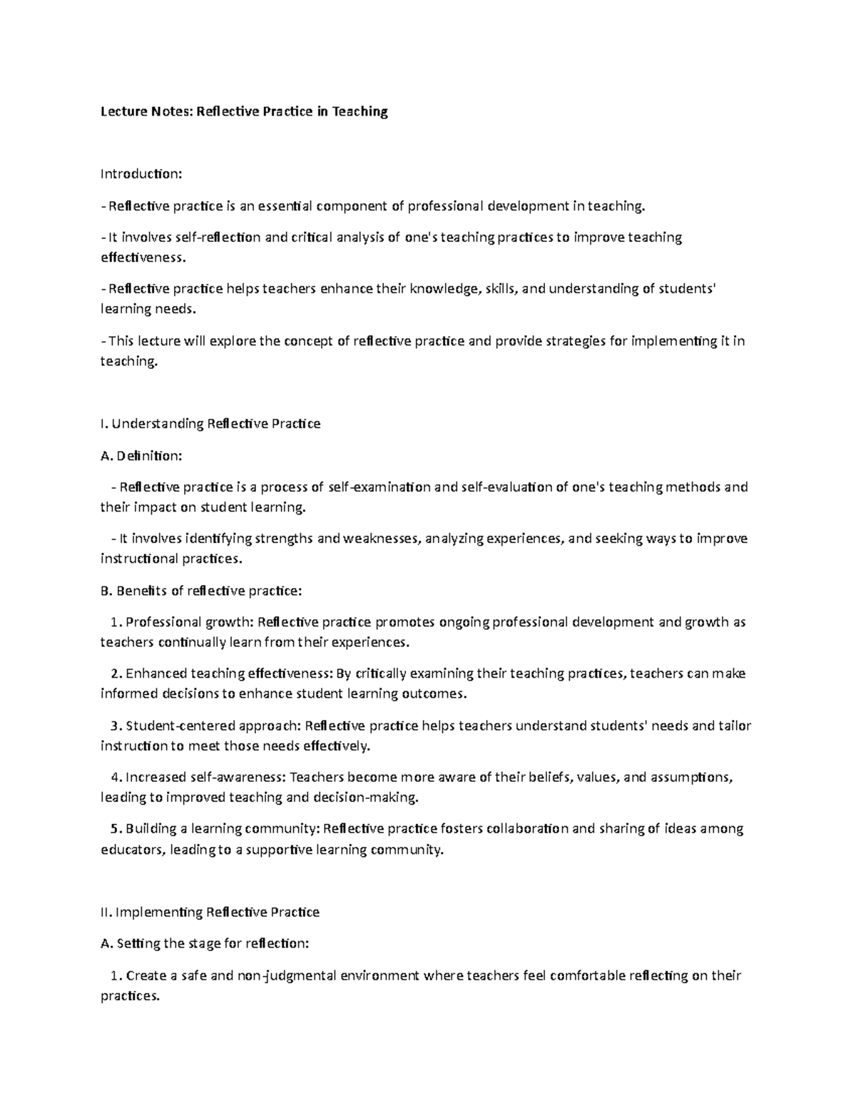 Lecture Notes: Reflective Practice in Teaching - Lecture Notes ...