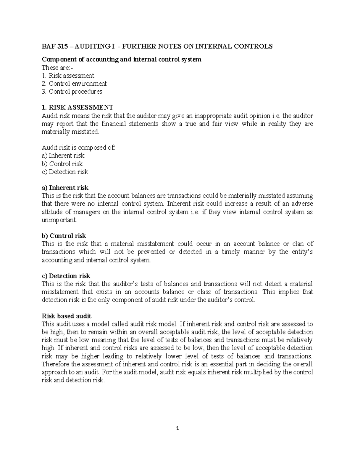BFA 315 - Auditing I - Internal Controls - Further Notes docx - BAF 315 ...