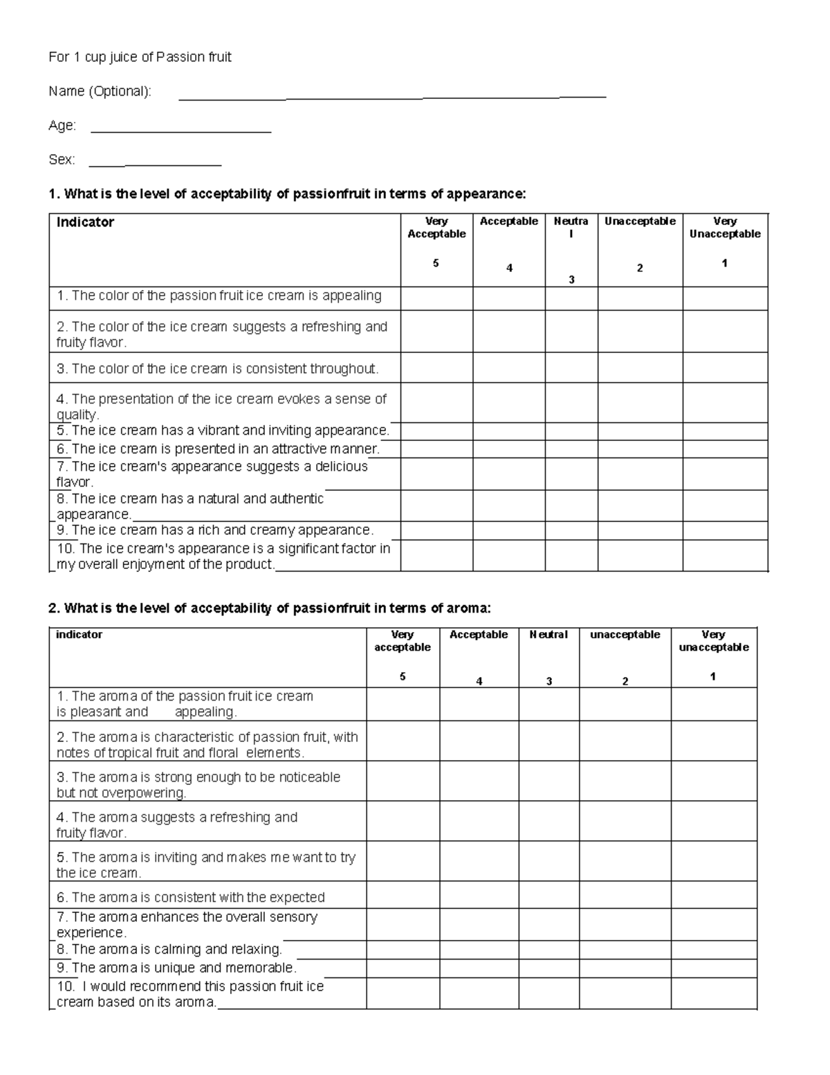 Questionnaire 1 cup - please you this - For 1 cup juice of Passion ...