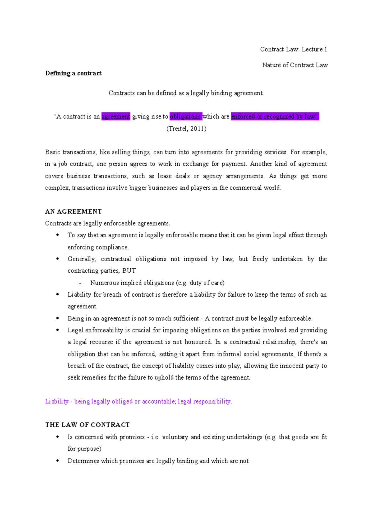 CL -1 - LECTURE NOTES - Contract Law: Lecture 1 Nature of Contract Law ...