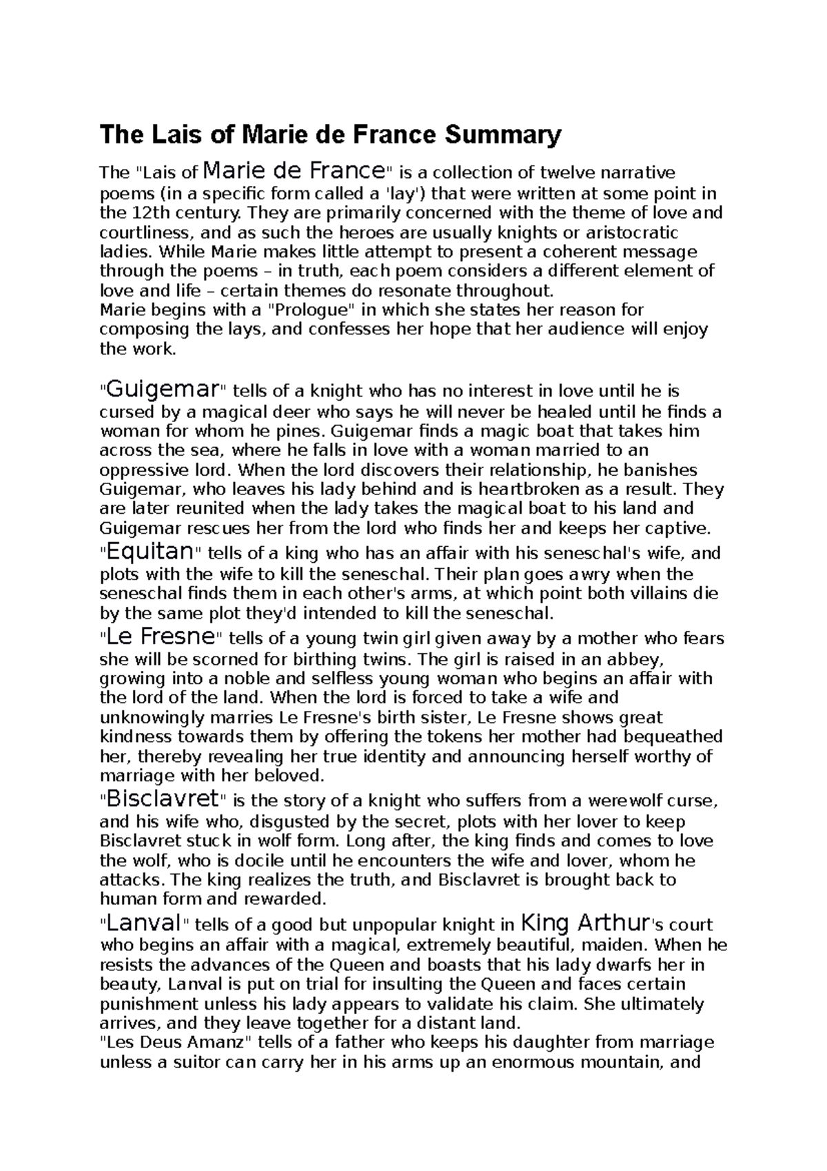 The Lais of Marie de France Summary - Henry V - The Lais of Marie de ...